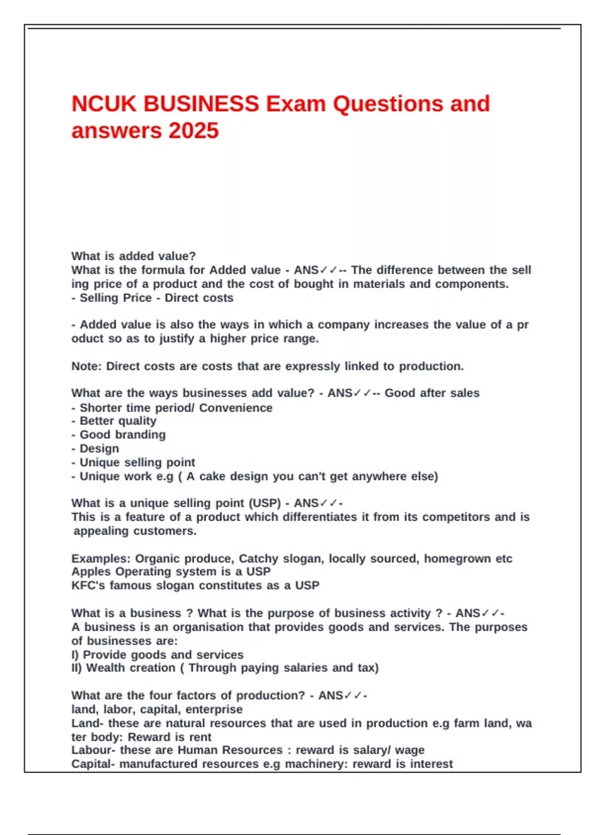 NCUK BUSINESS Exam Questions and answers 2025 - NCUK - Stuvia US
