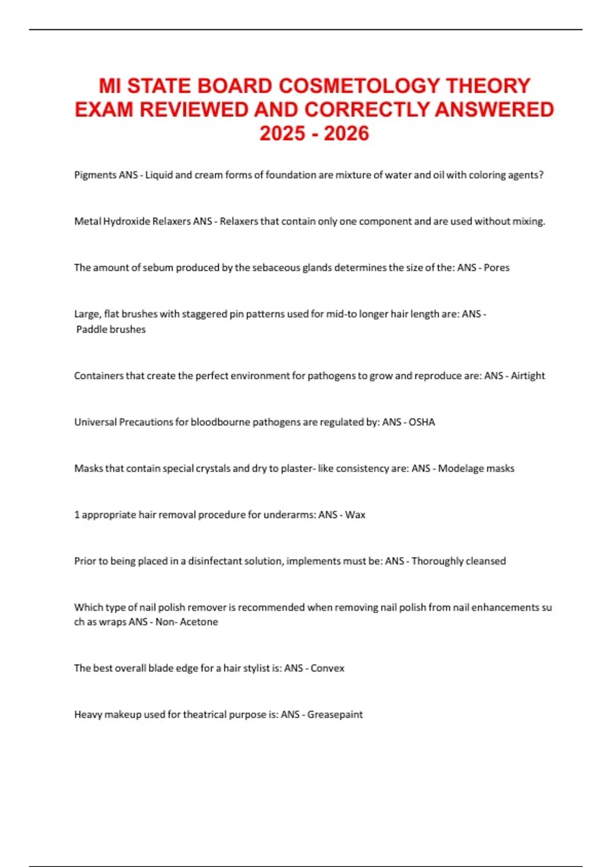 MI STATE BOARD COSMETOLOGY THEORY EXAM REVIEWED AND CORRECTLY ANSWERED ...