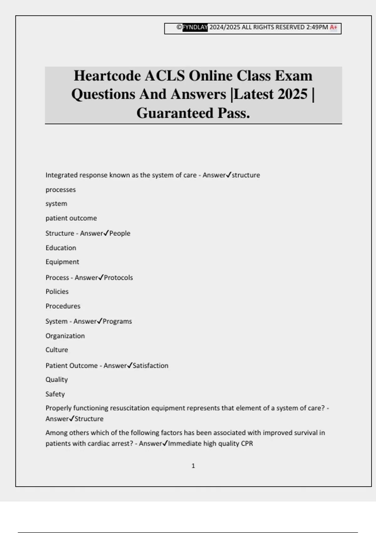 Heartcode ACLS Online Class Exam Questions And Answers |Latest 2025 ...