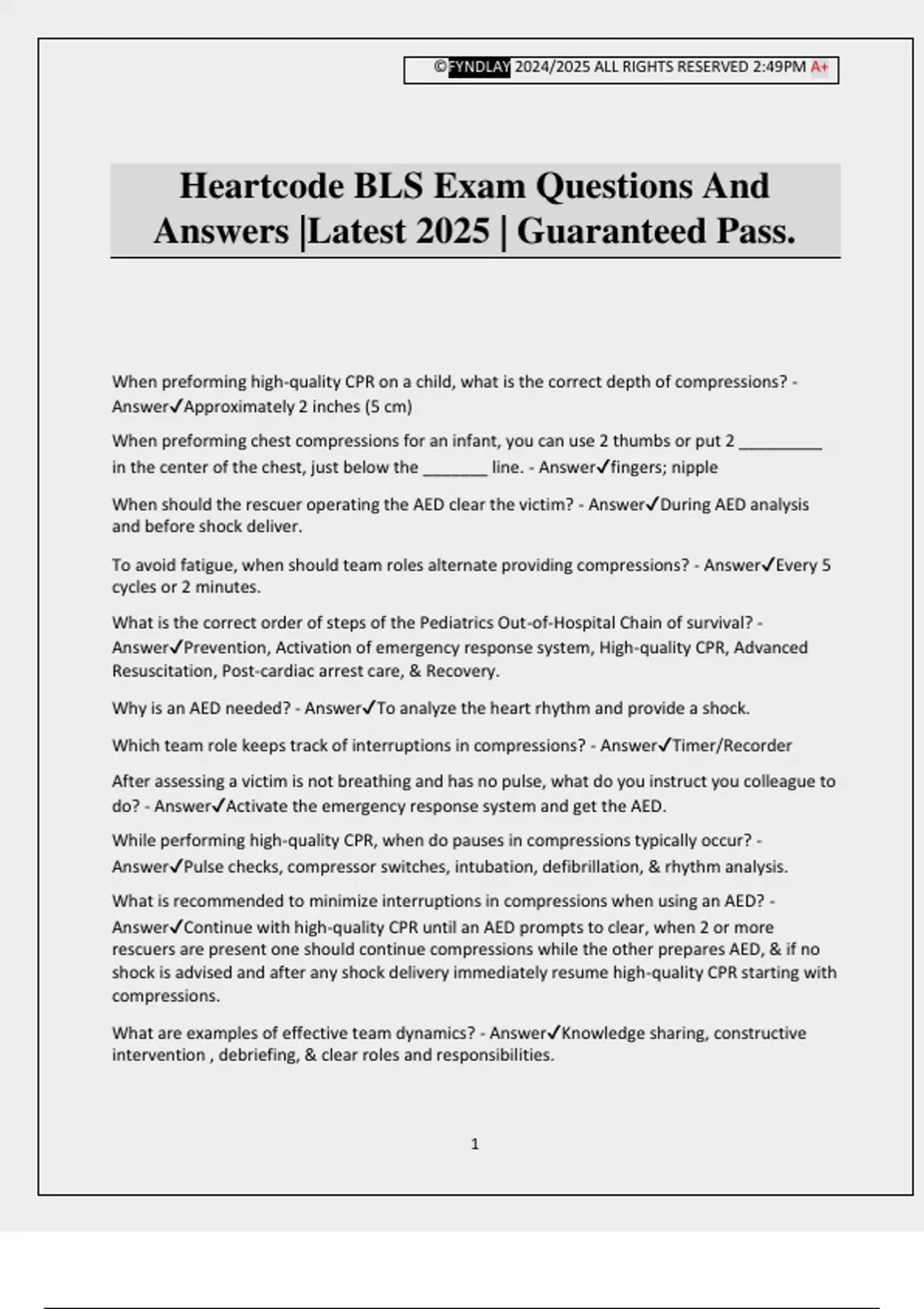 Heartcode BLS Exam Questions And Answers |Latest 2025 | Guaranteed Pass ...