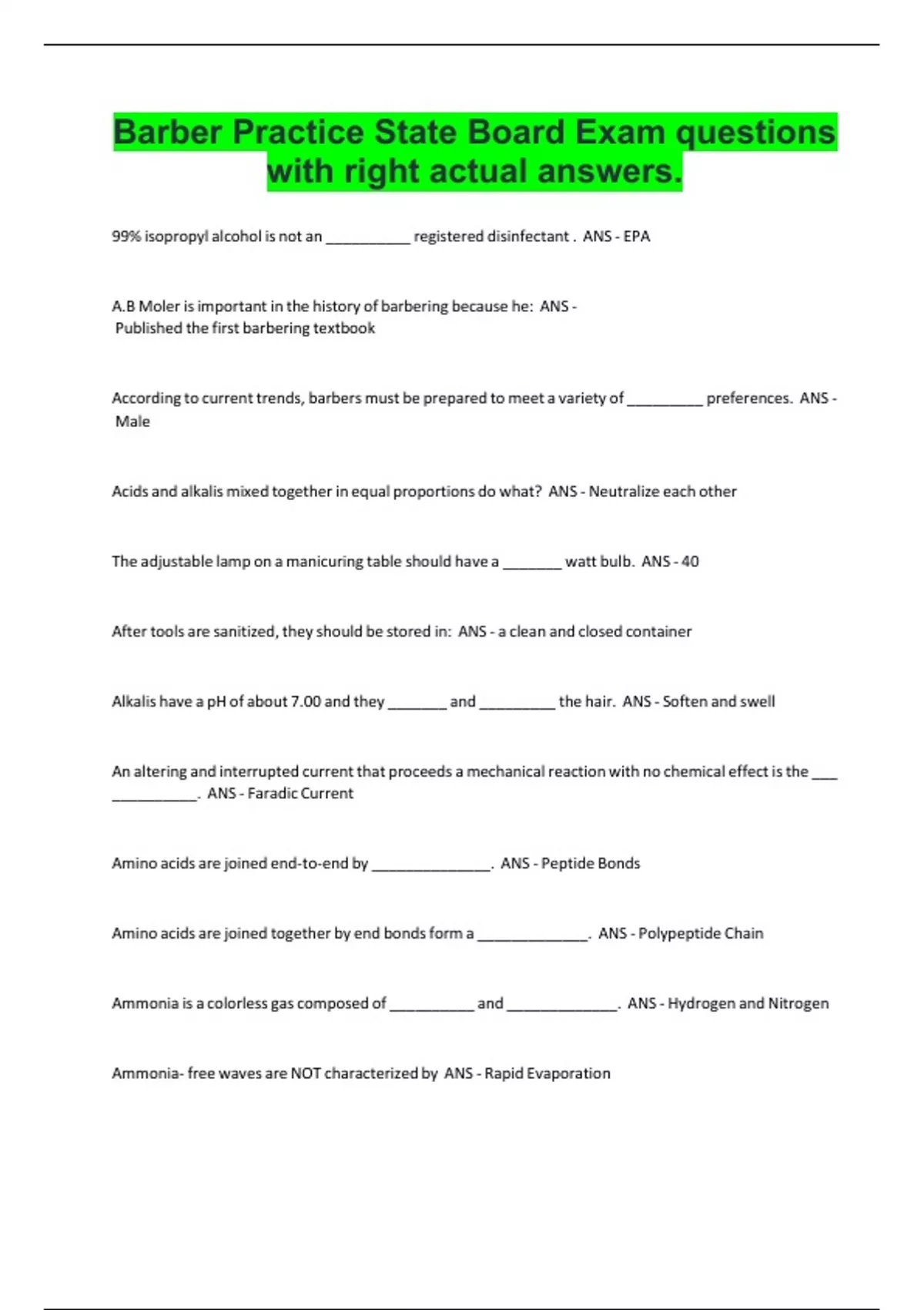 Barber Practice State Board Exam questions with right actual answers ...