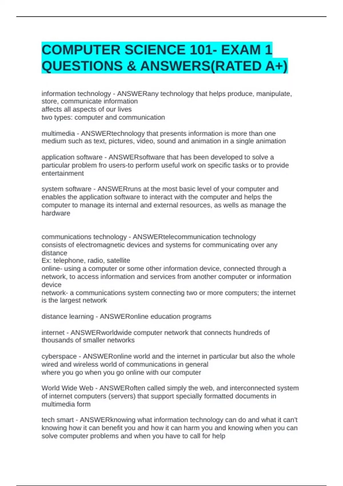 COMPUTER SCIENCE 101- EXAM 1 QUESTIONS & ANSWERS(RATED A+) - COMPUTER ...