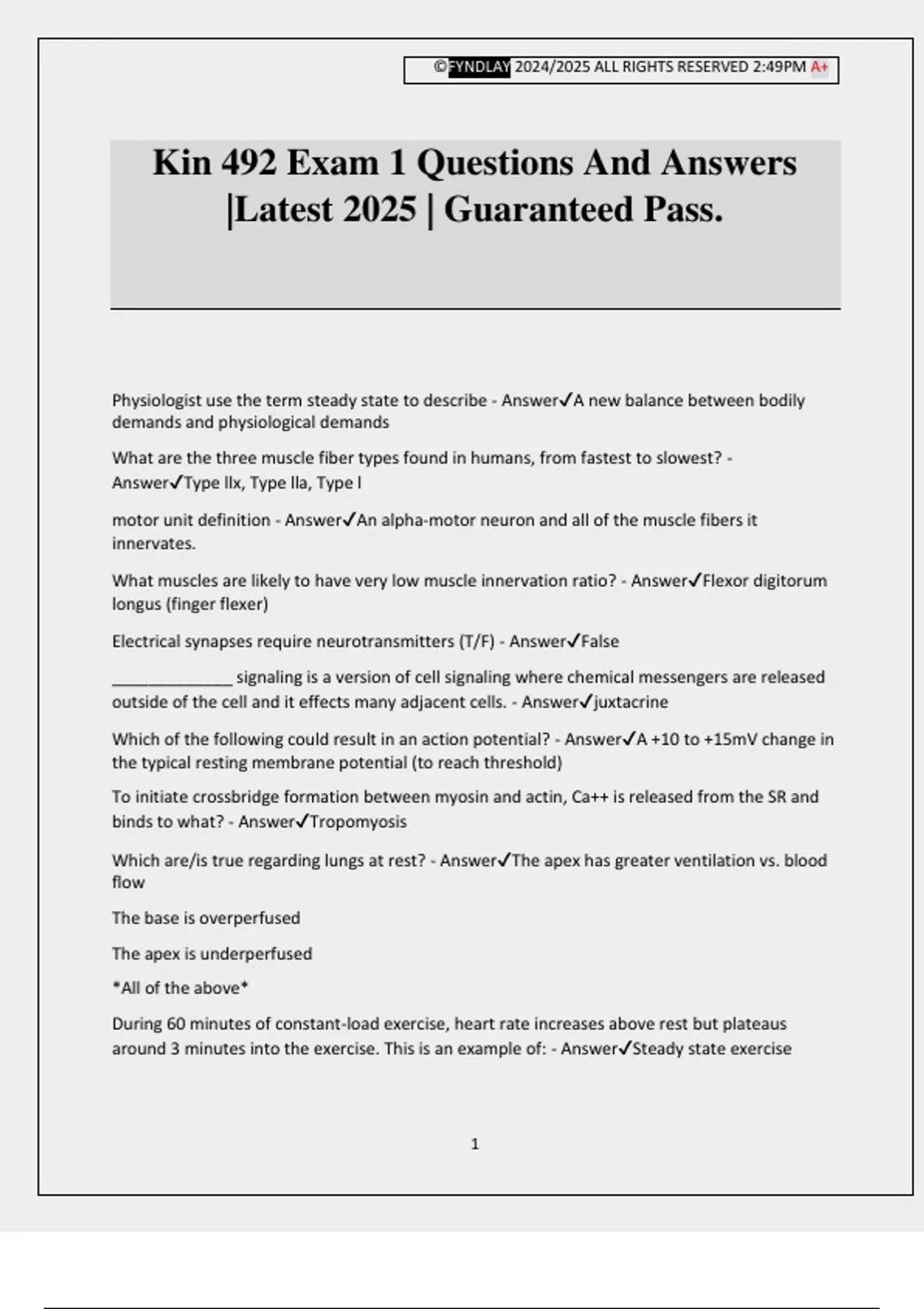 Kin 492 Exam 1 Questions And Answers |Latest 2025 | Guaranteed Pass ...