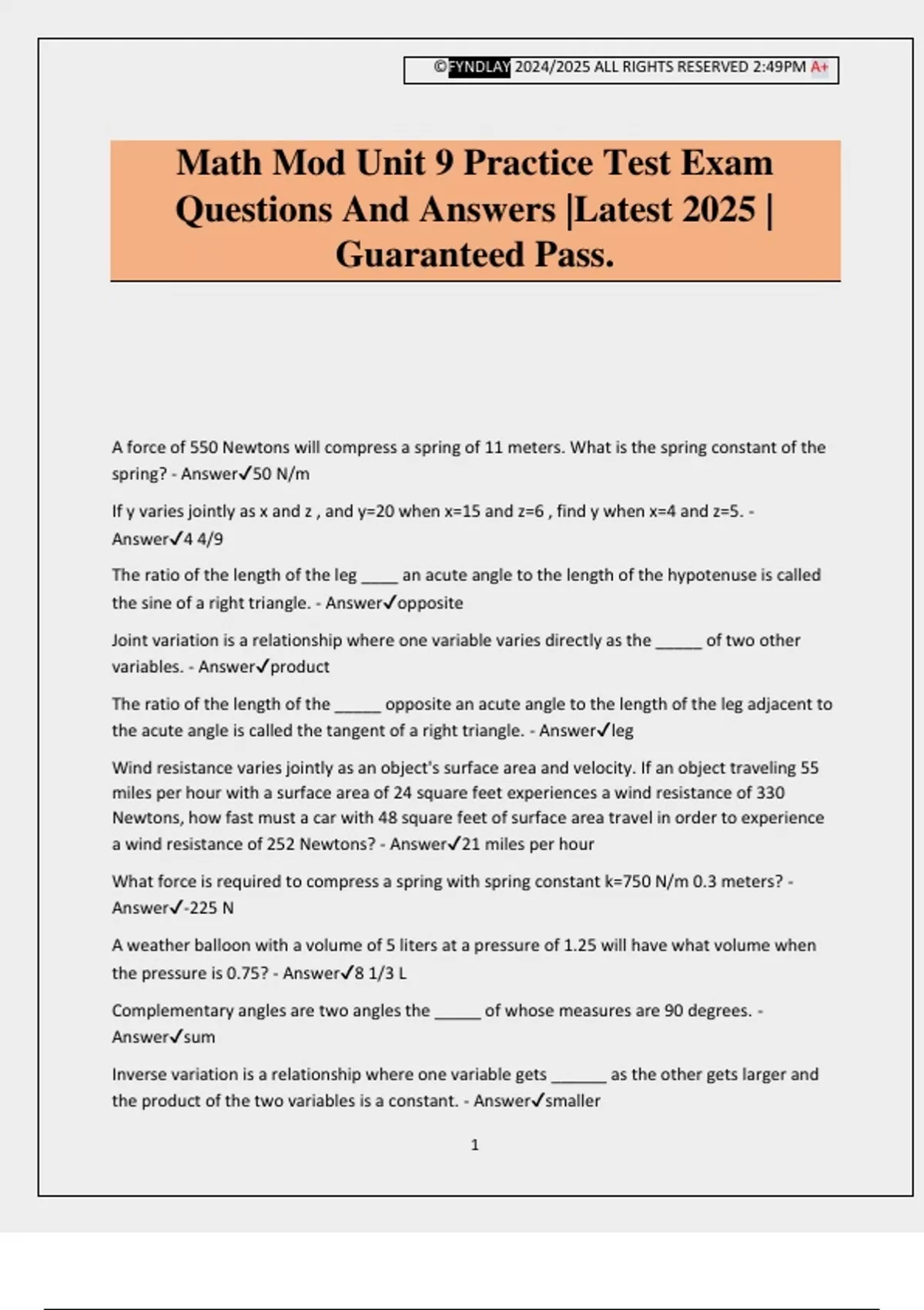 Math Mod Unit 9 Practice Test Exam Questions And Answers |Latest 2025 ...