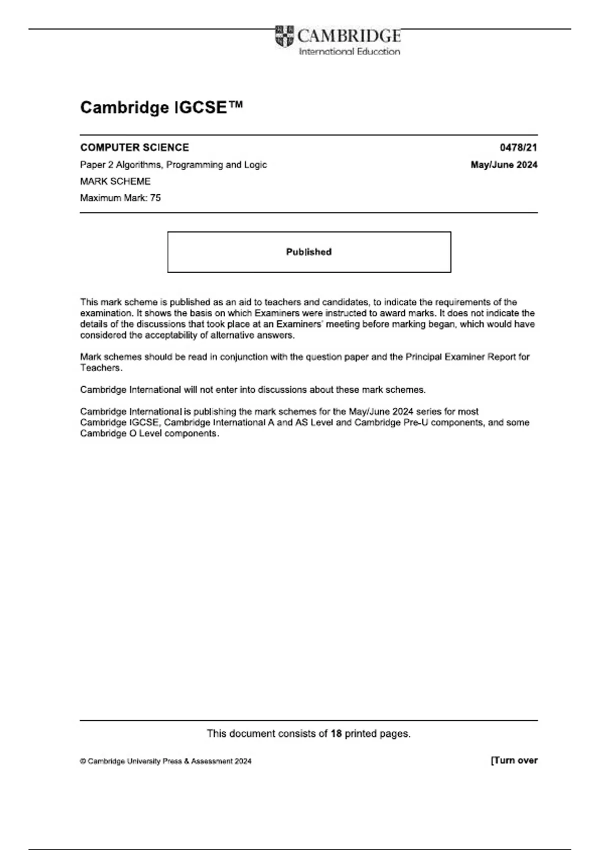 2024 AQA IGCSE Computer Science Paper 2 Education MARK SCHEME - Tests ...