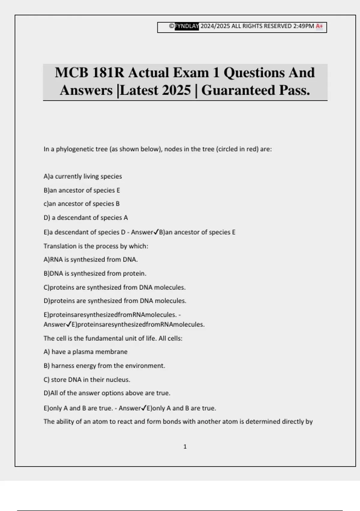 MCB 181R Actual Exam 1 Questions And Answers |Latest 2025 | Guaranteed ...