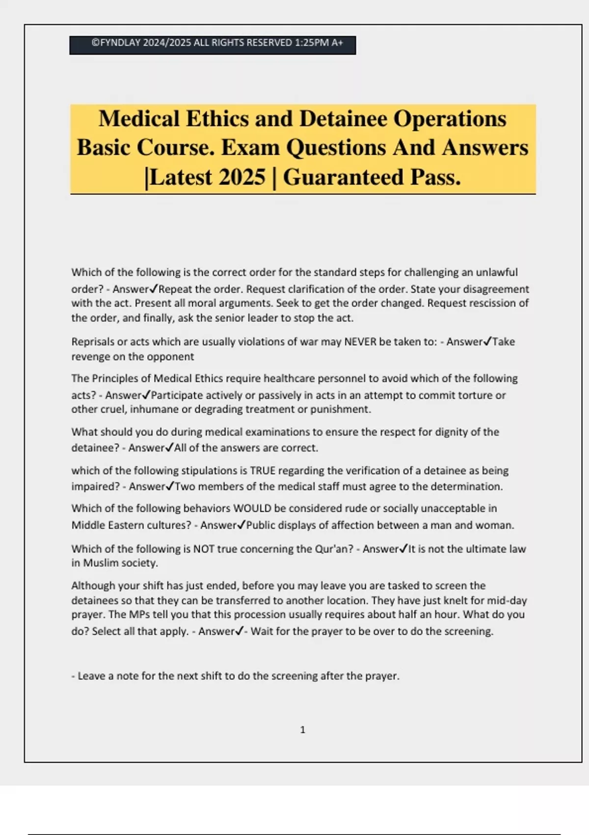 Medical Ethics and Detainee Operations Basic Course. Exam Questions And ...