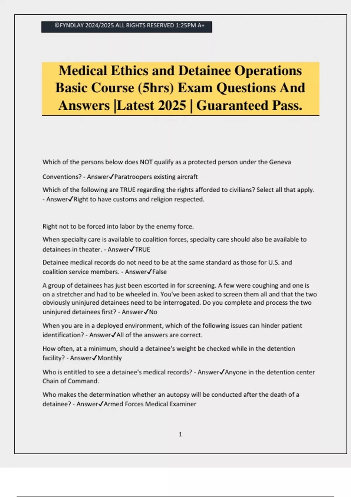 Medical Ethics and Detainee Operations Basic Course (5hrs) Exam ...