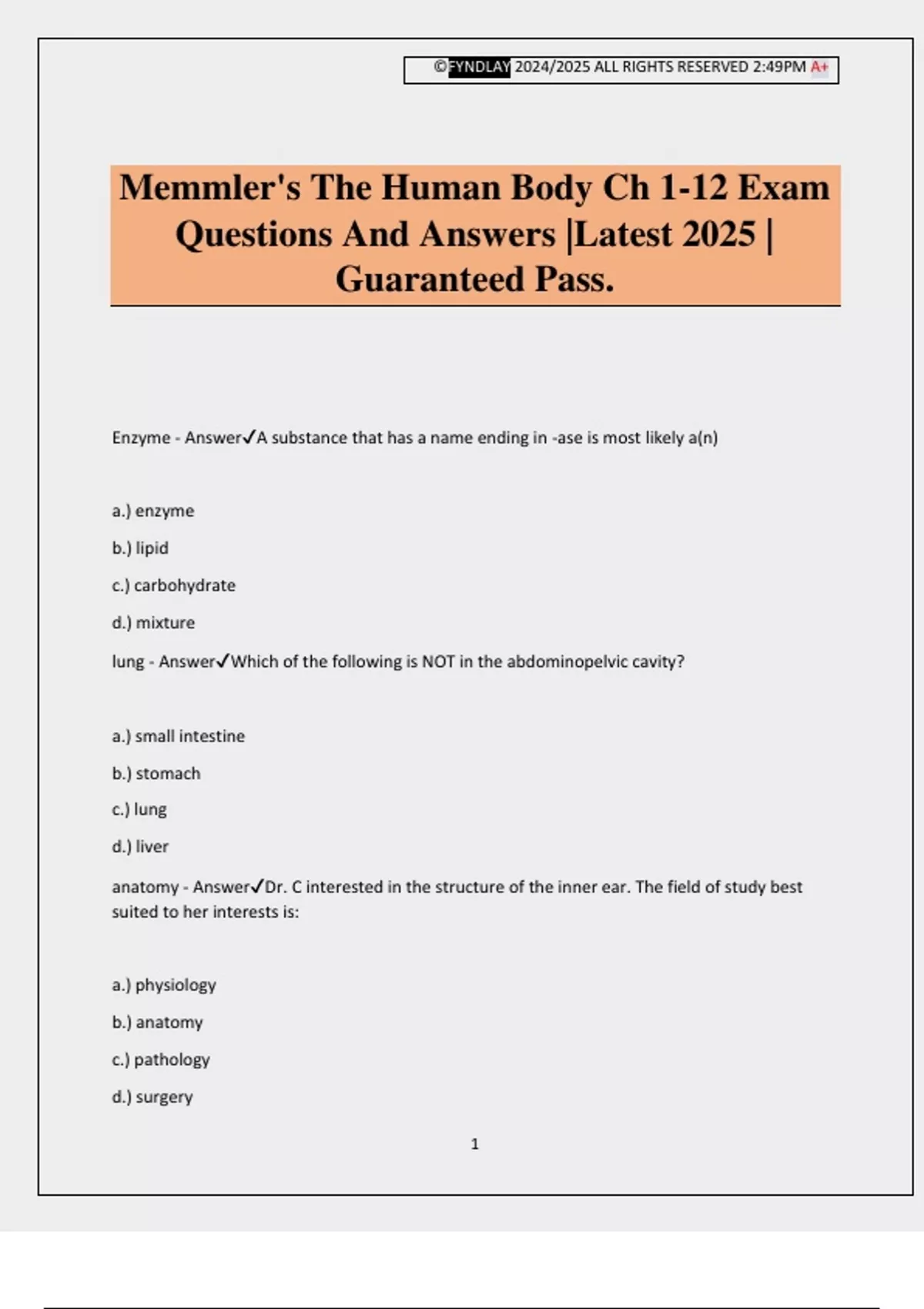 Memmler's The Human Body Ch 1-12 Exam Questions And Answers |Latest ...