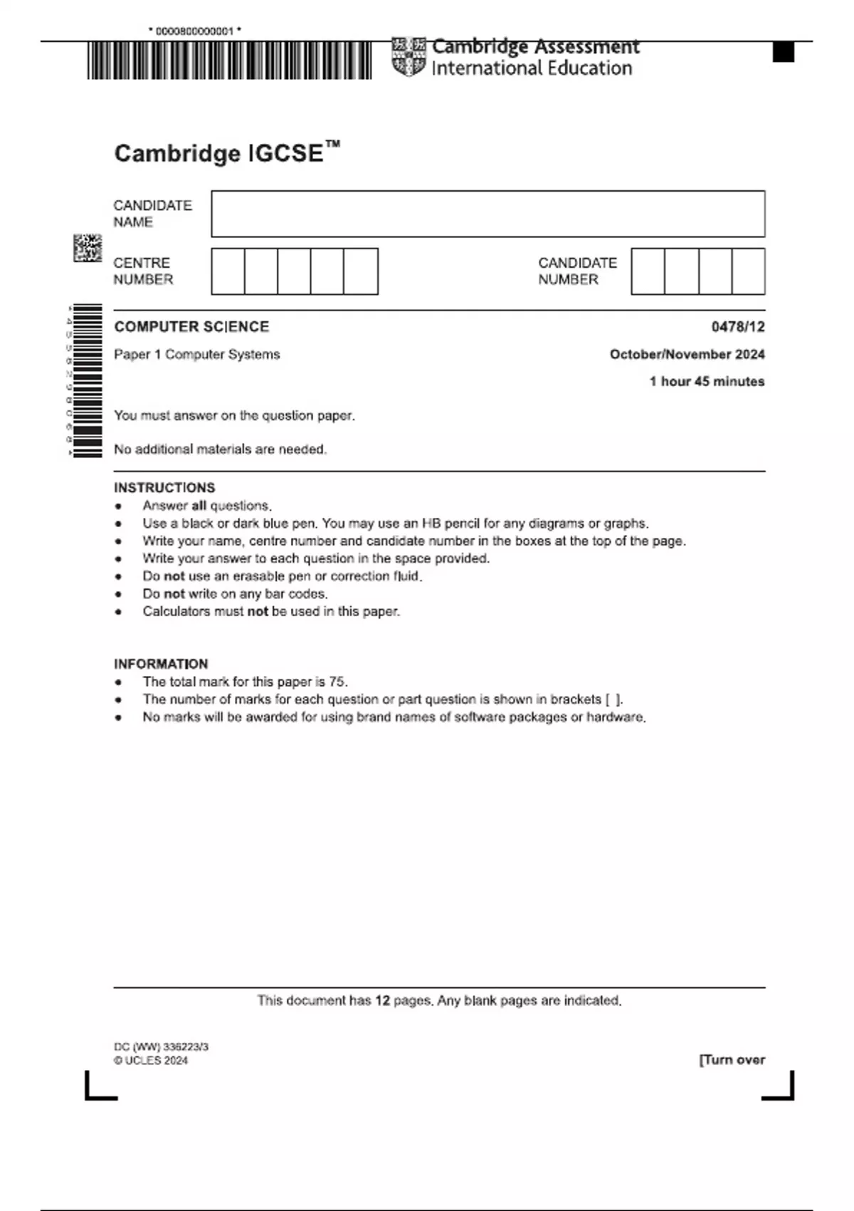 AQA IGCSE COMPUTER SCIENCE 0478 / 12 Paper 1 Computer Systems October ...