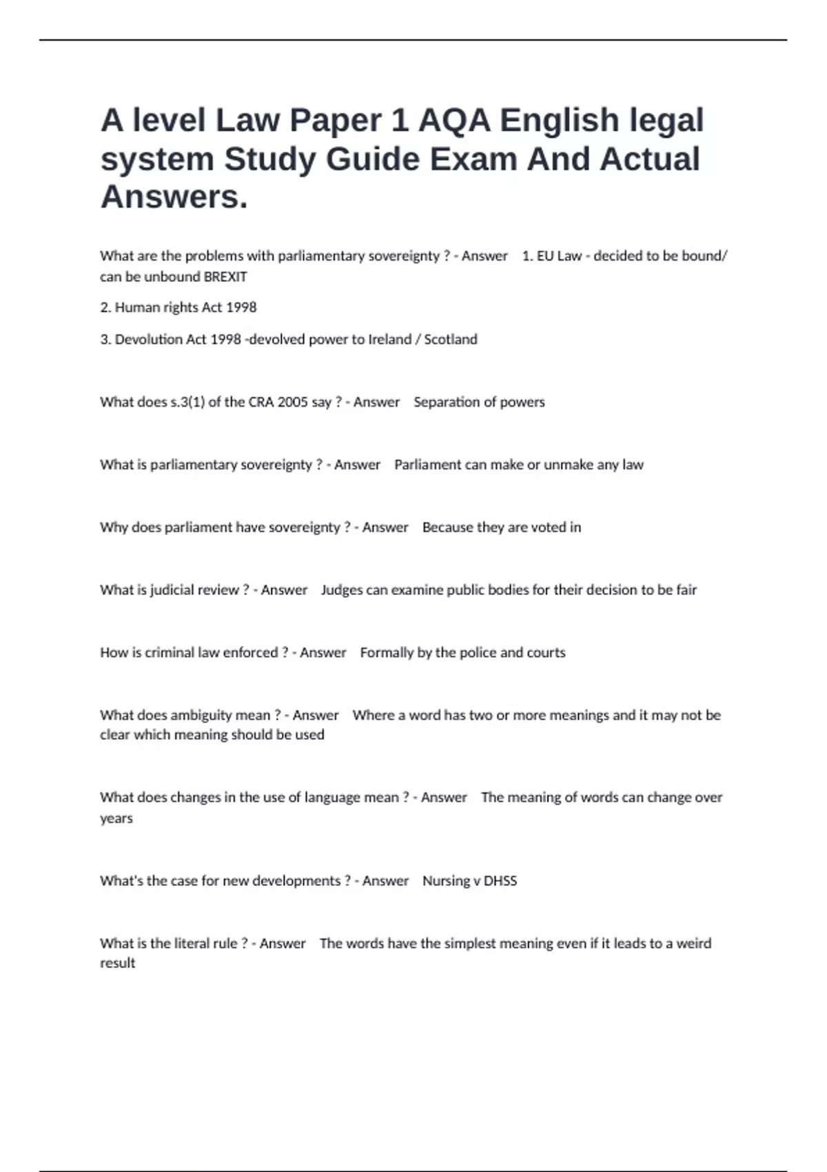 A level Law Paper 1 AQA English legal system Study Guide Exam And ...