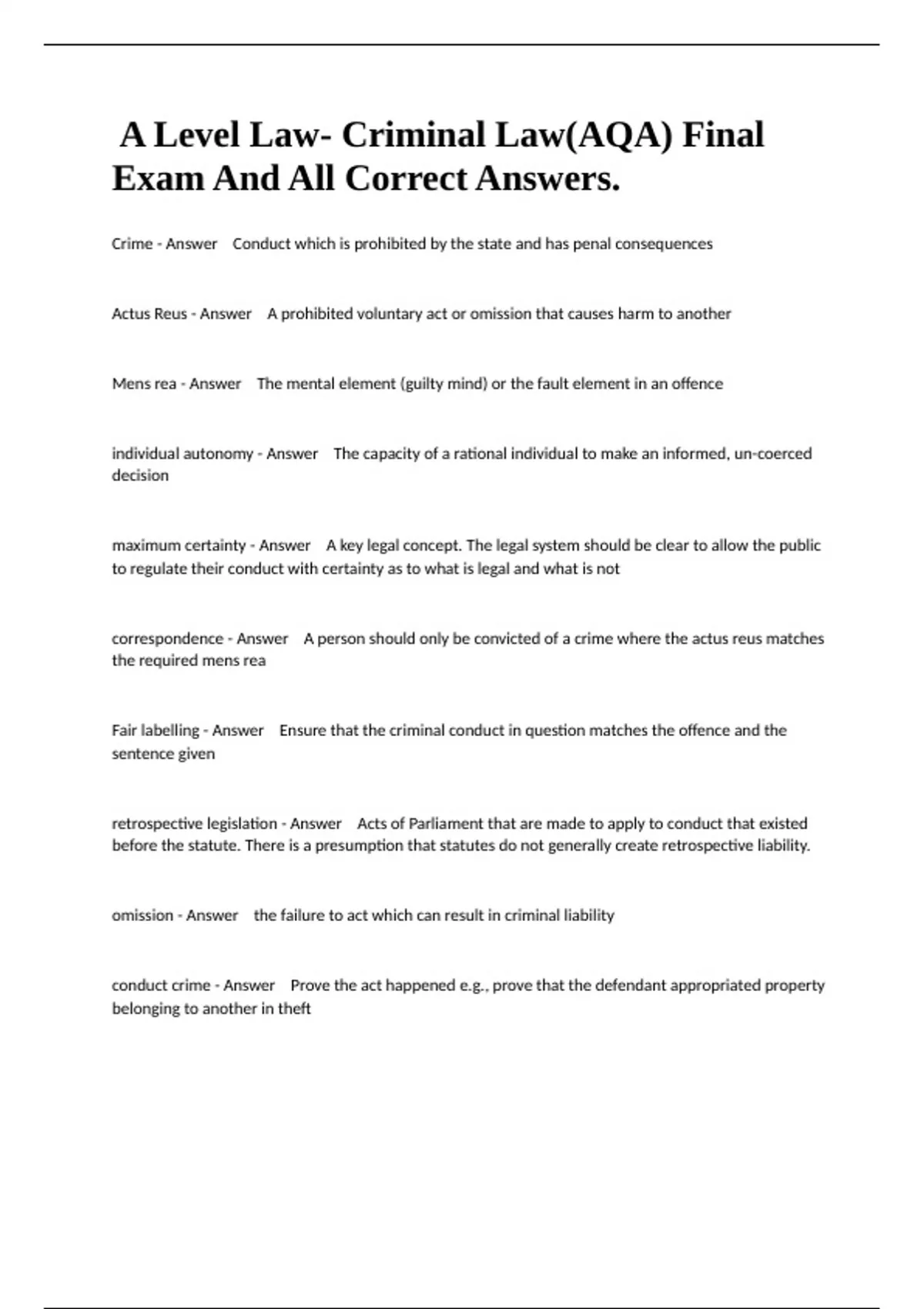 A Level Law- Criminal Law(AQA) Final Exam And All Correct Answers. - A ...