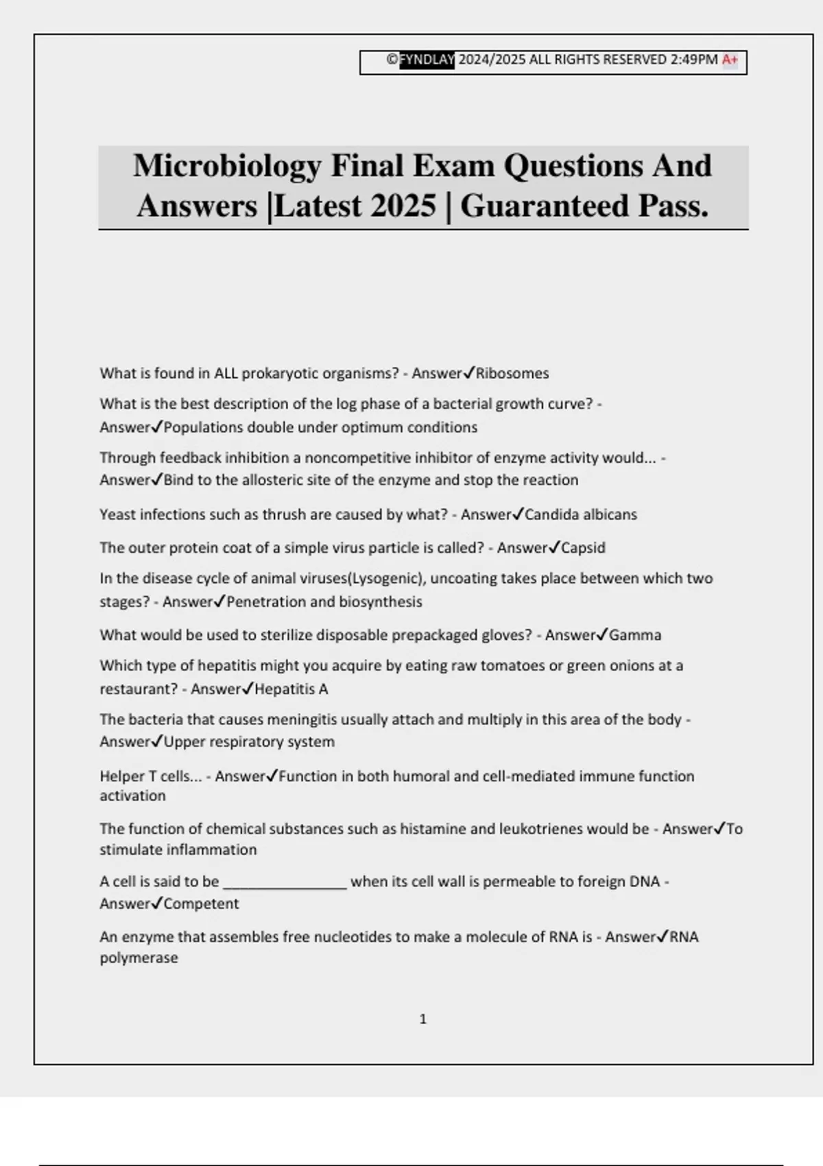 Microbiology Final Exam Questions And Answers Latest 2025 Guaranteed