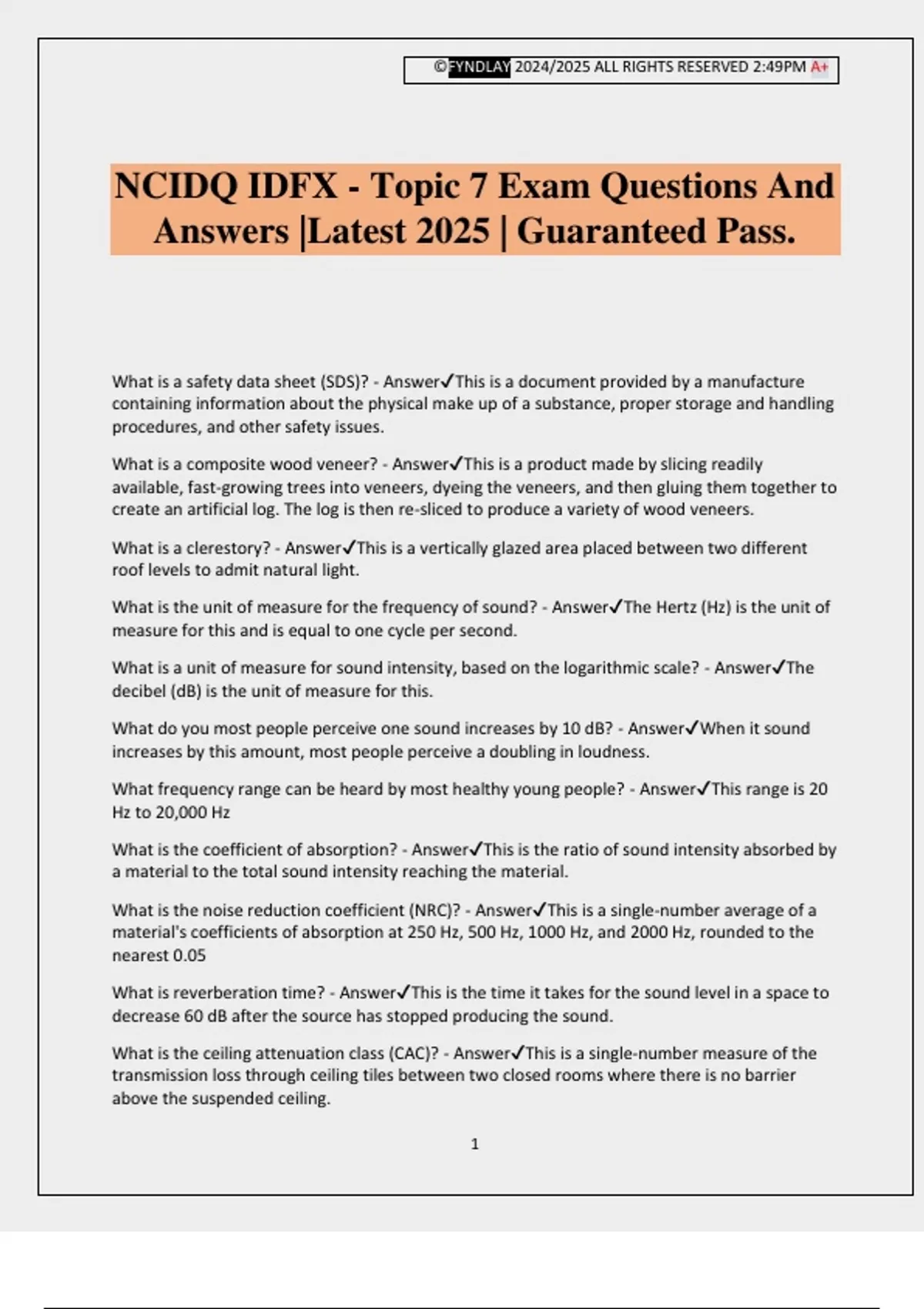 NCIDQ IDFX - Topic 7 Exam Questions And Answers |Latest 2025 ...