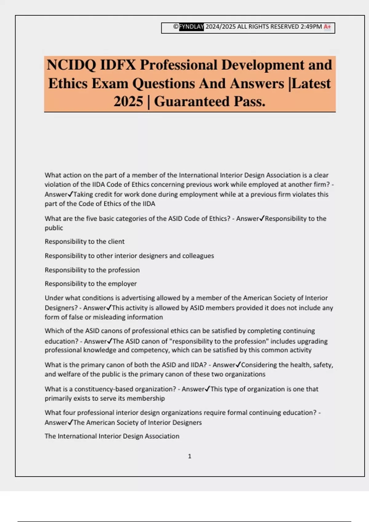 NCIDQ IDFX Professional Development and Ethics Exam Questions And ...