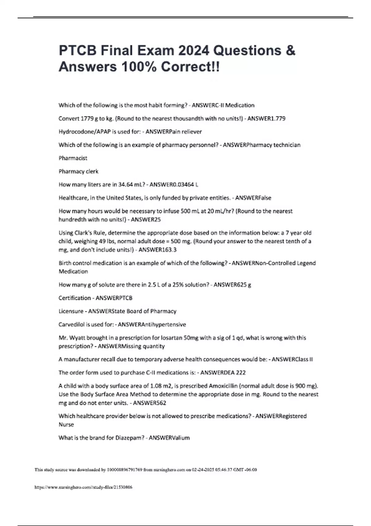 PTCB Final Exam Questions & Answers 100% Correct!! - PTCB - Stuvia US