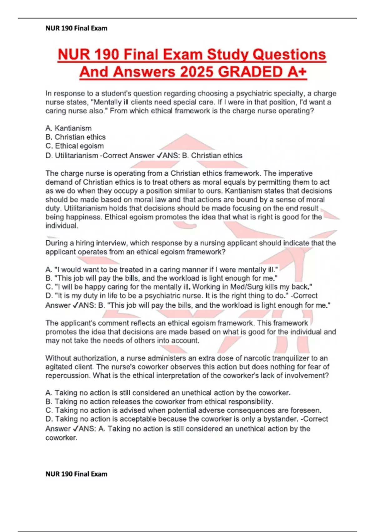 NUR 190 Final Exam Study Questions And Answers 2025 GRADED A+ - NUR 190 ...