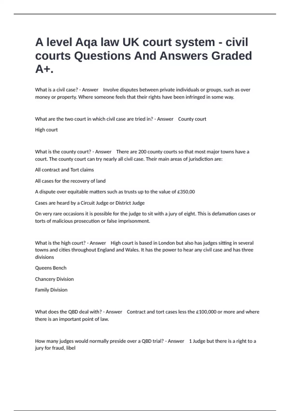 A level Aqa law UK court system - civil courts Questions And Answers ...