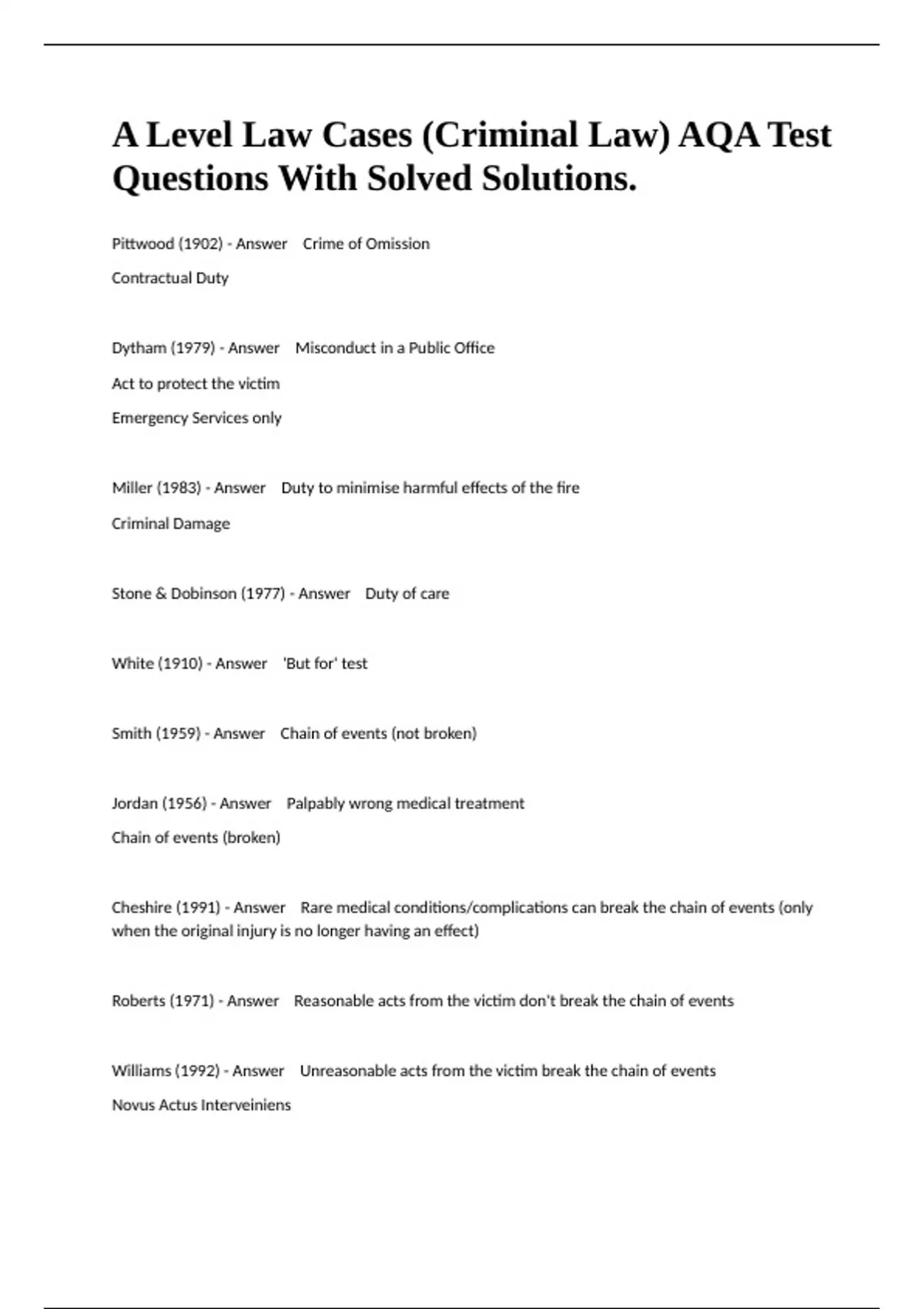 A Level Law Cases (Criminal Law) AQA Test Questions With Solved ...