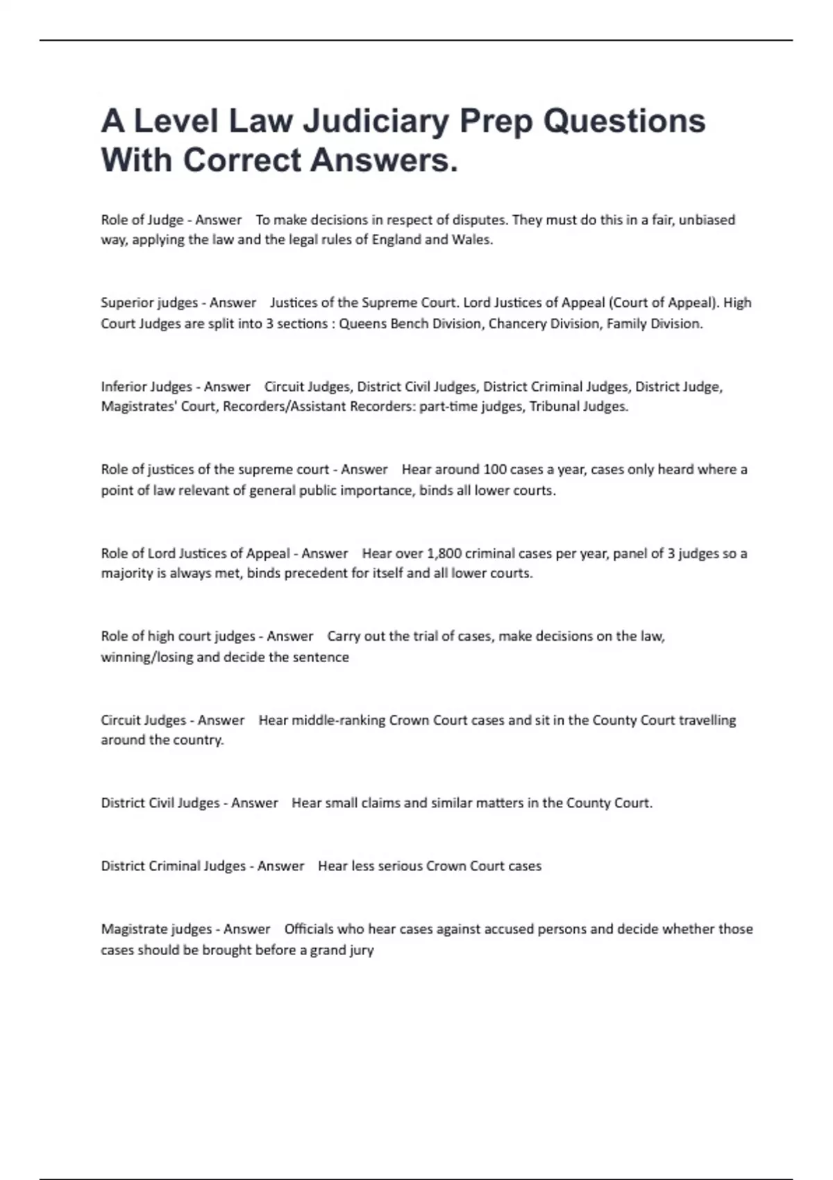 A Level Law Judiciary Prep Questions With Correct Answers. - A Level ...