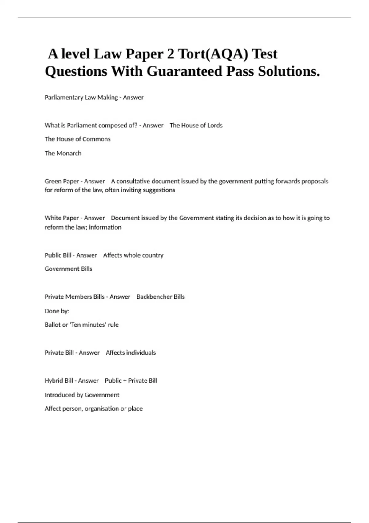 A level Law Paper 2 Tort(AQA) Test Questions With Guaranteed Pass ...