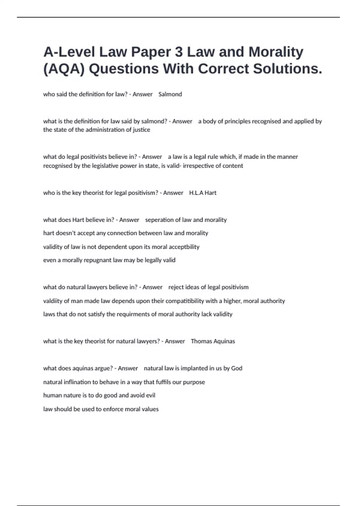 A-Level Law Paper 3 Law and Morality (AQA) Questions With Correct ...