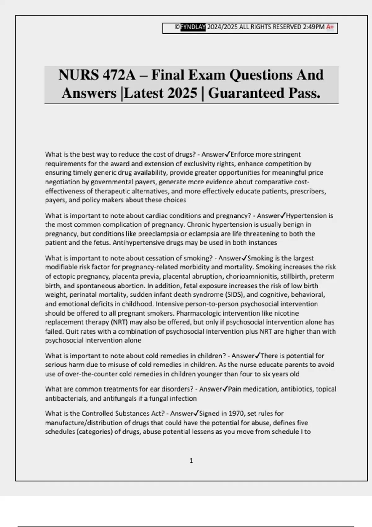 NURS 472A – Final Exam Questions And Answers |Latest 2025 | Guaranteed ...