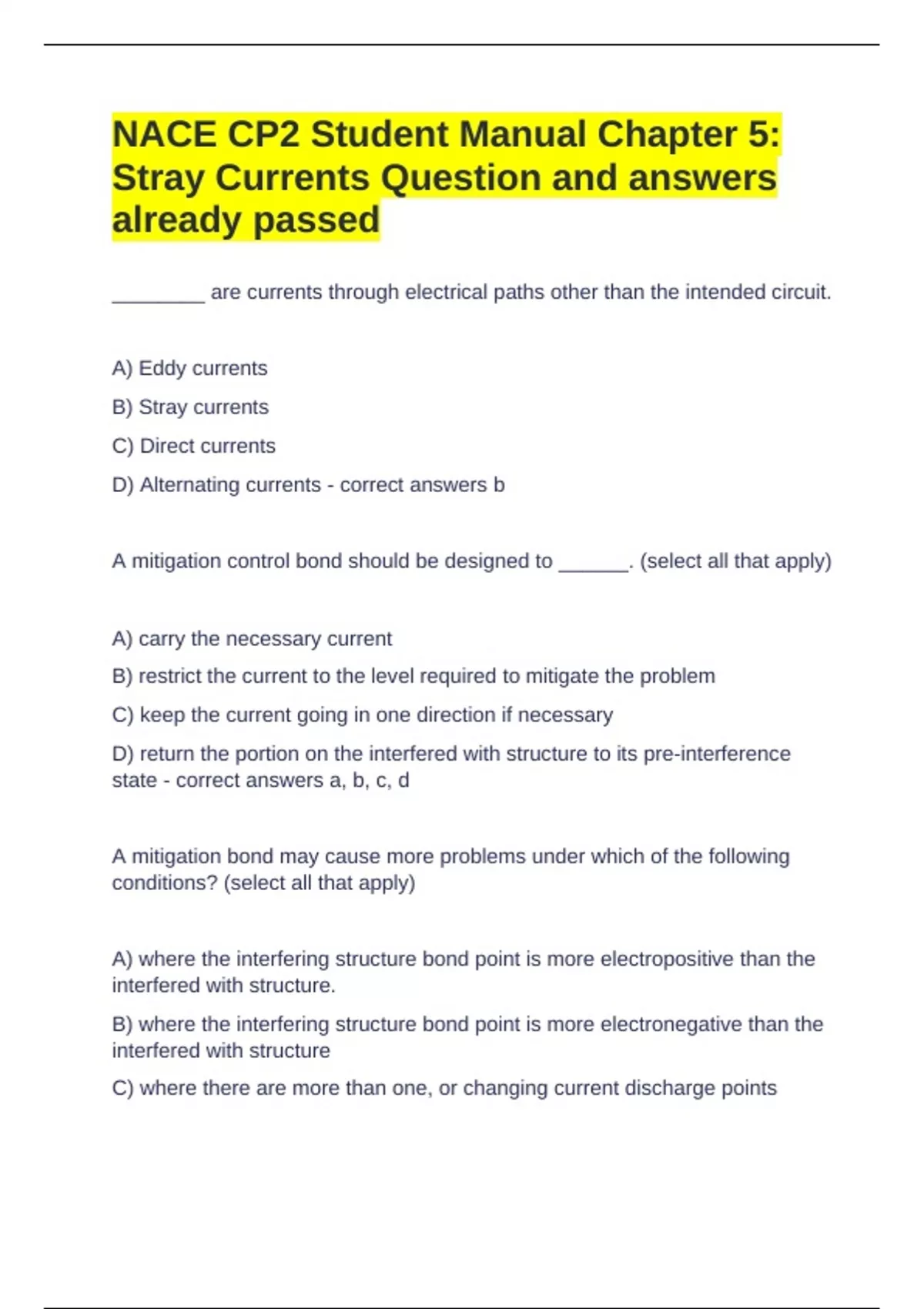 NACE CP2 Student Manual Chapter 5: Stray Currents Question and answers ...