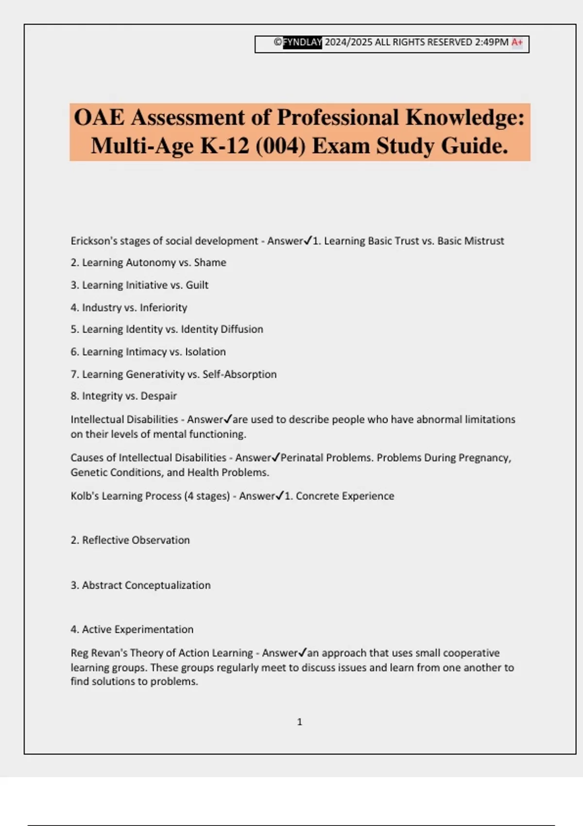 OAE Assessment of Professional Knowledge: Multi-Age K-12 (004) Exam ...