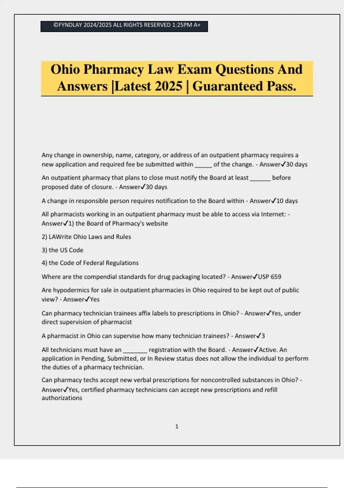 Ohio Pharmacy Law Exam Questions And Answers |Latest 2025 | Guaranteed ...