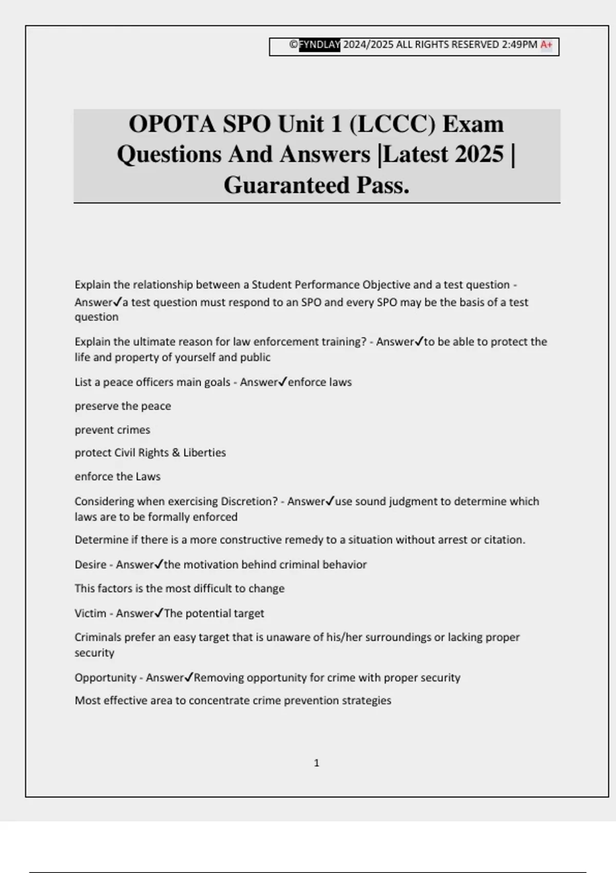 OPOTA SPO Unit 1 (LCCC) Exam Questions And Answers |Latest 2025 ...