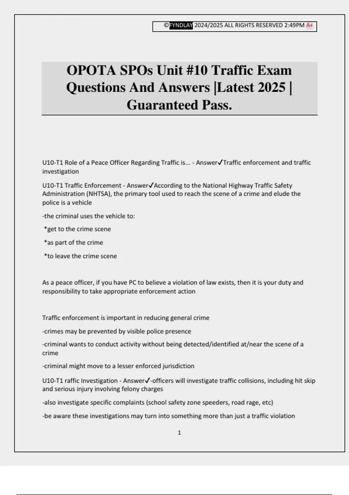 OPOTA SPOs Unit #10 Traffic Exam Questions And Answers |Latest 2025 ...