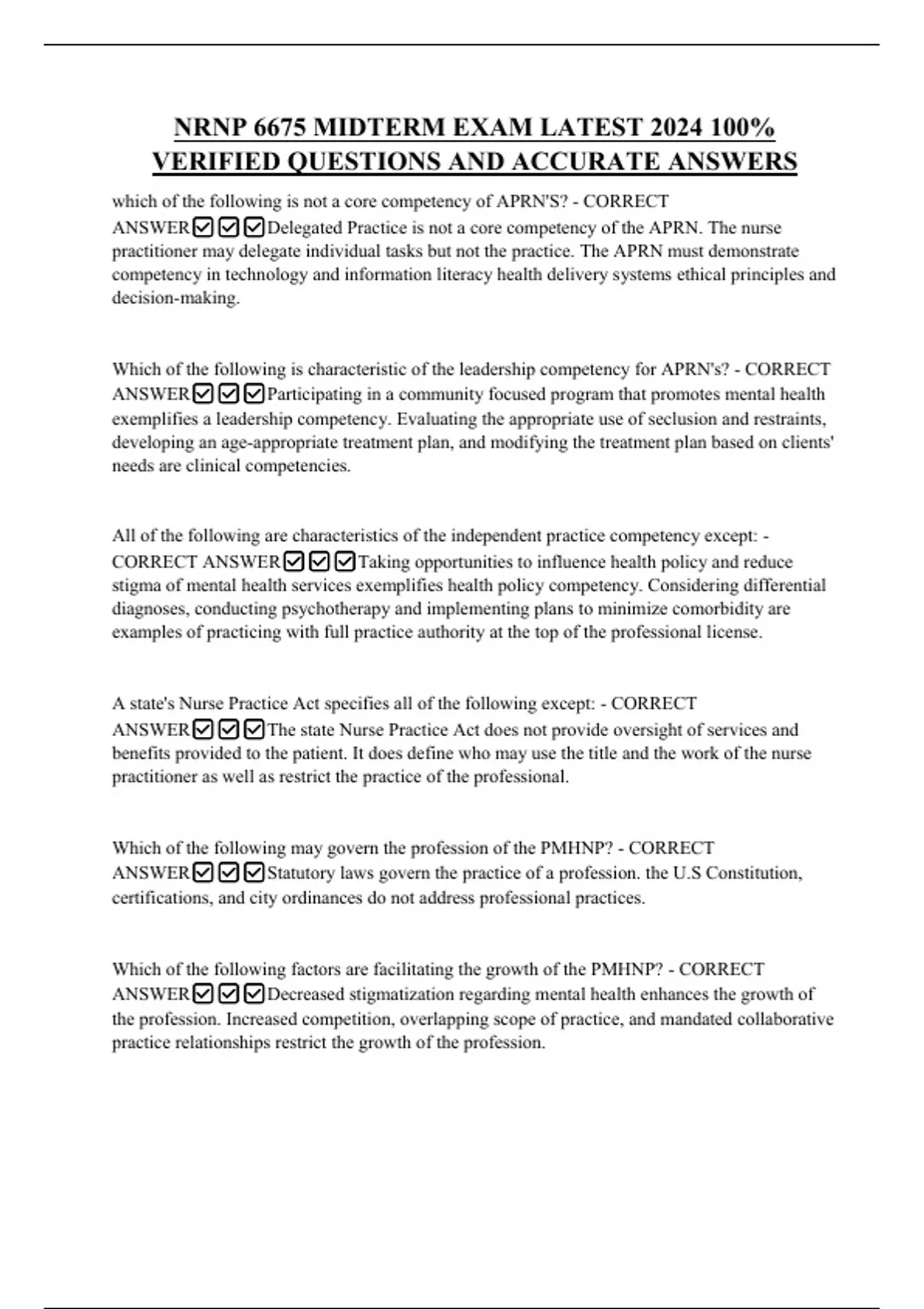 NRNP 6675 MIDTERM EXAM LATEST 2024 100% VERIFIED QUESTIONS AND ACCURATE ...