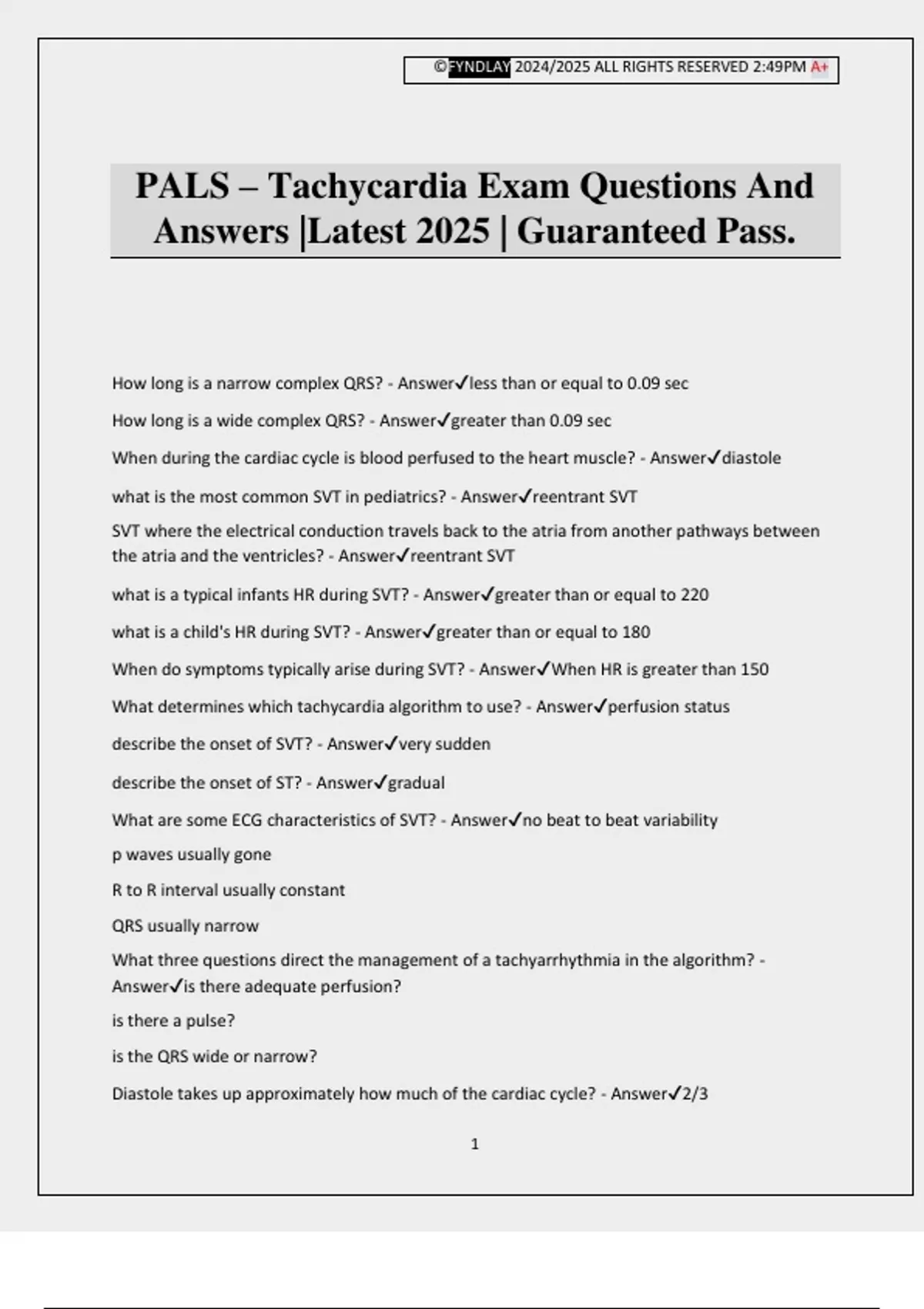 PALS – Tachycardia Exam Questions And Answers |Latest 2025 | Guaranteed ...