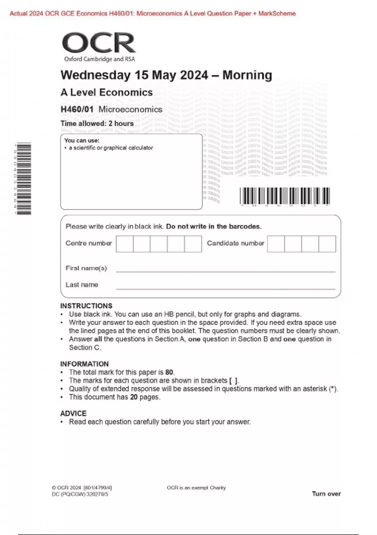 Actual 2024 OCR GCE Economics H460/01: Microeconomics A Level Merged ...