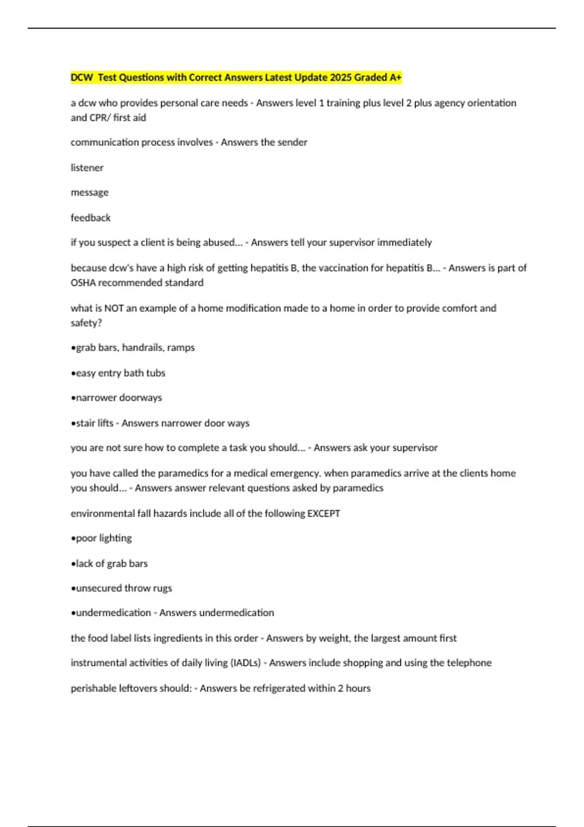 DCW Test Questions with Correct Answers Latest Update 2025 Graded A+ ...