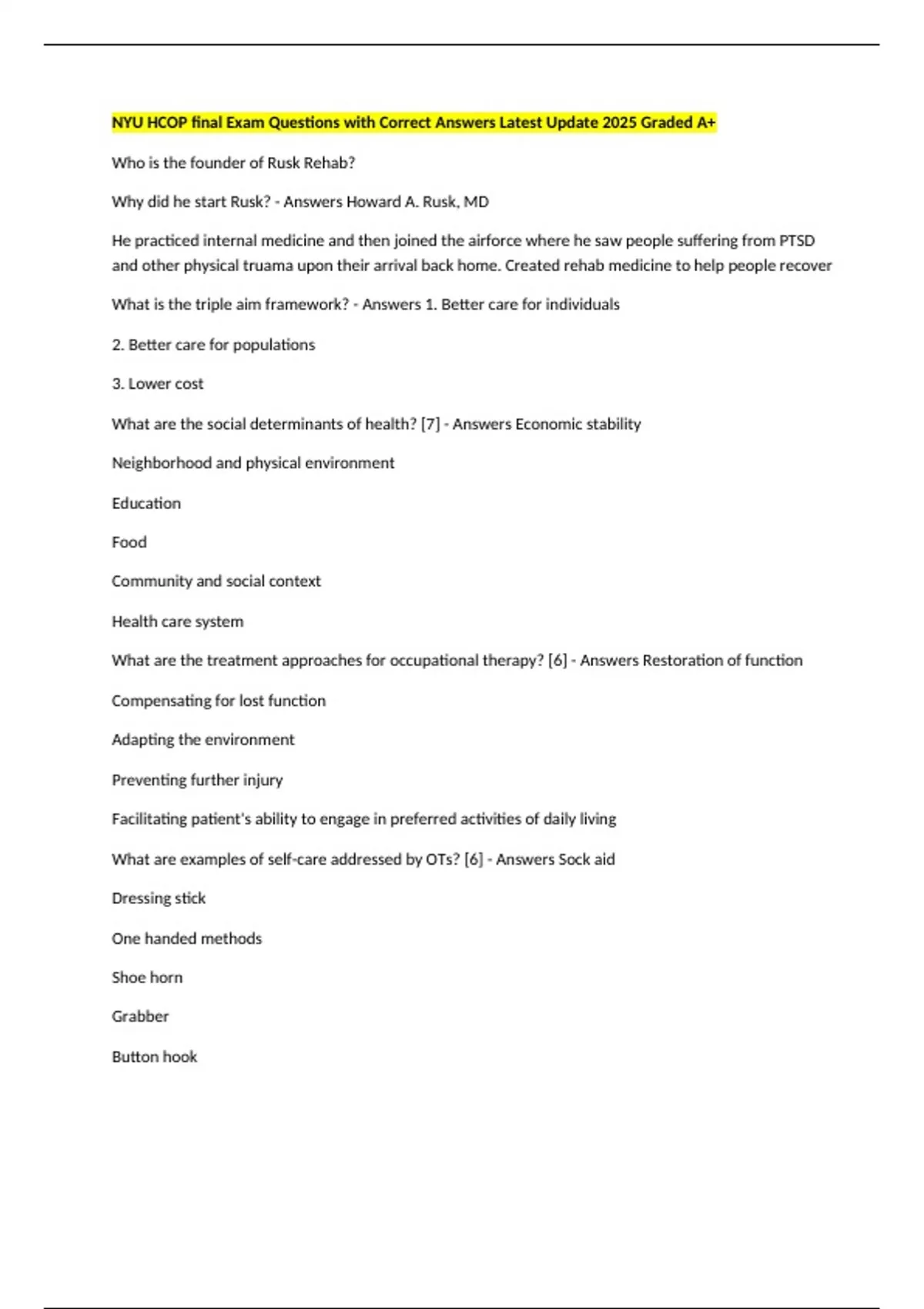 NYU HCOP final Exam Questions with Correct Answers Latest Update 2025 ...