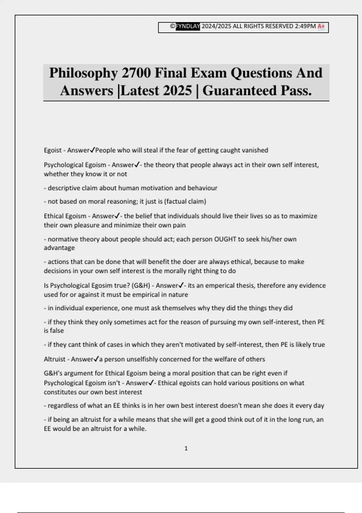 Philosophy 2700 Final Exam Questions And Answers |Latest 2025 ...