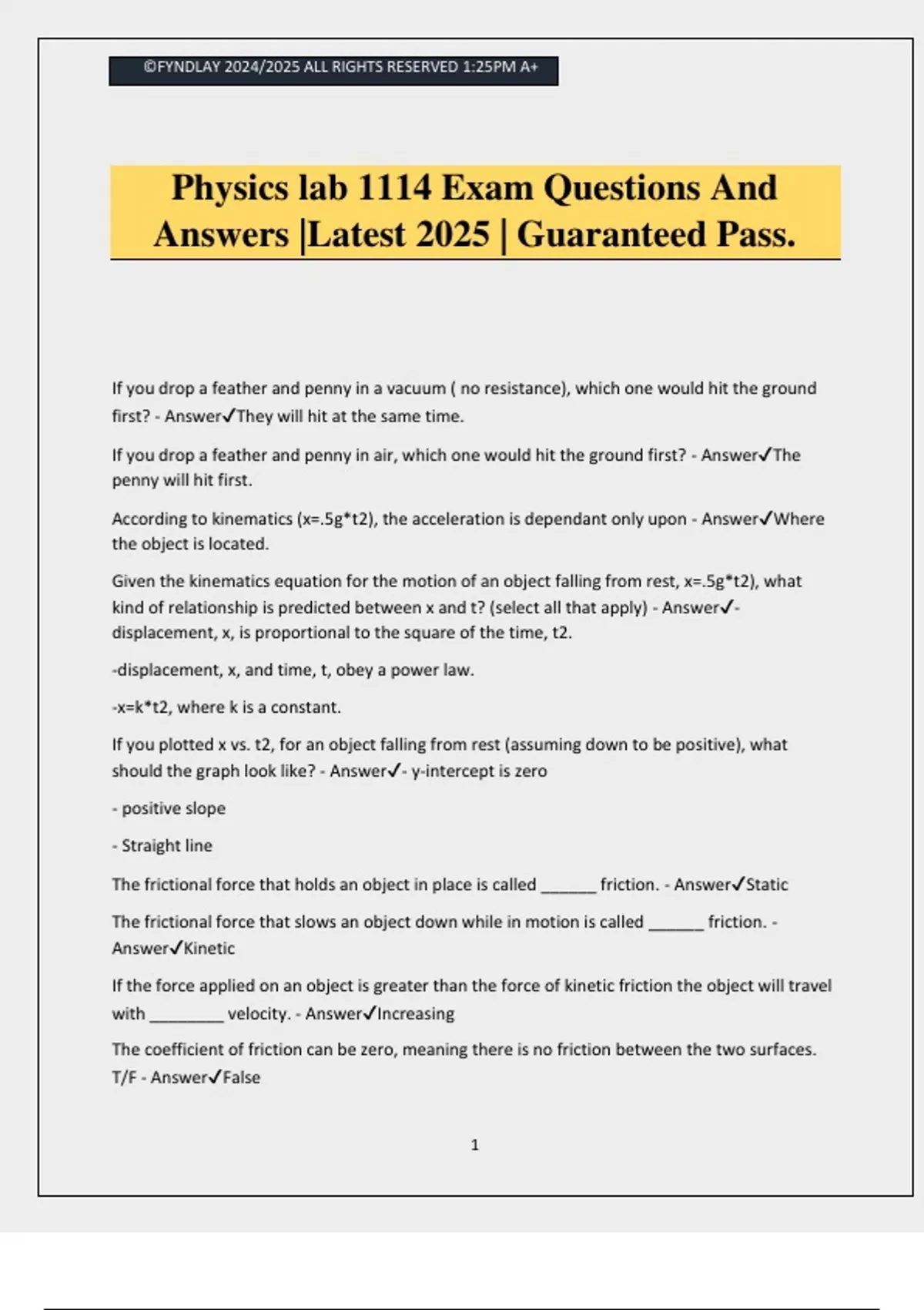 Physics lab 1114 Exam Questions And Answers |Latest 2025 | Guaranteed ...