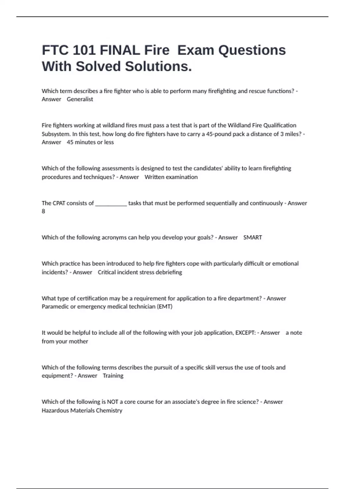 FTC 101 FINAL Fire Exam Questions With Solved Solutions. - Fire 101 ...