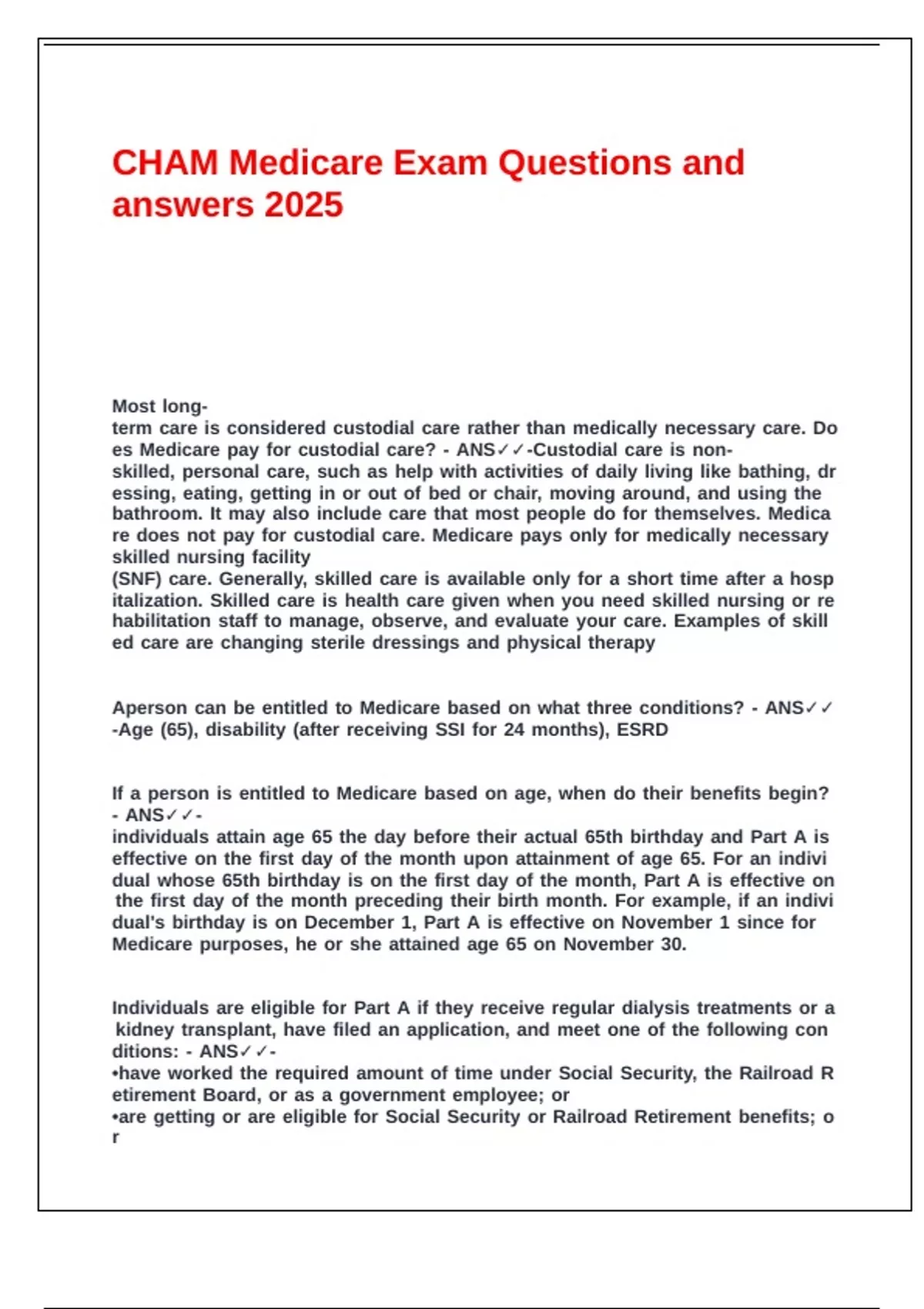 CHAM Medicare Exam Questions and answers 2025. - CHAM - Stuvia US