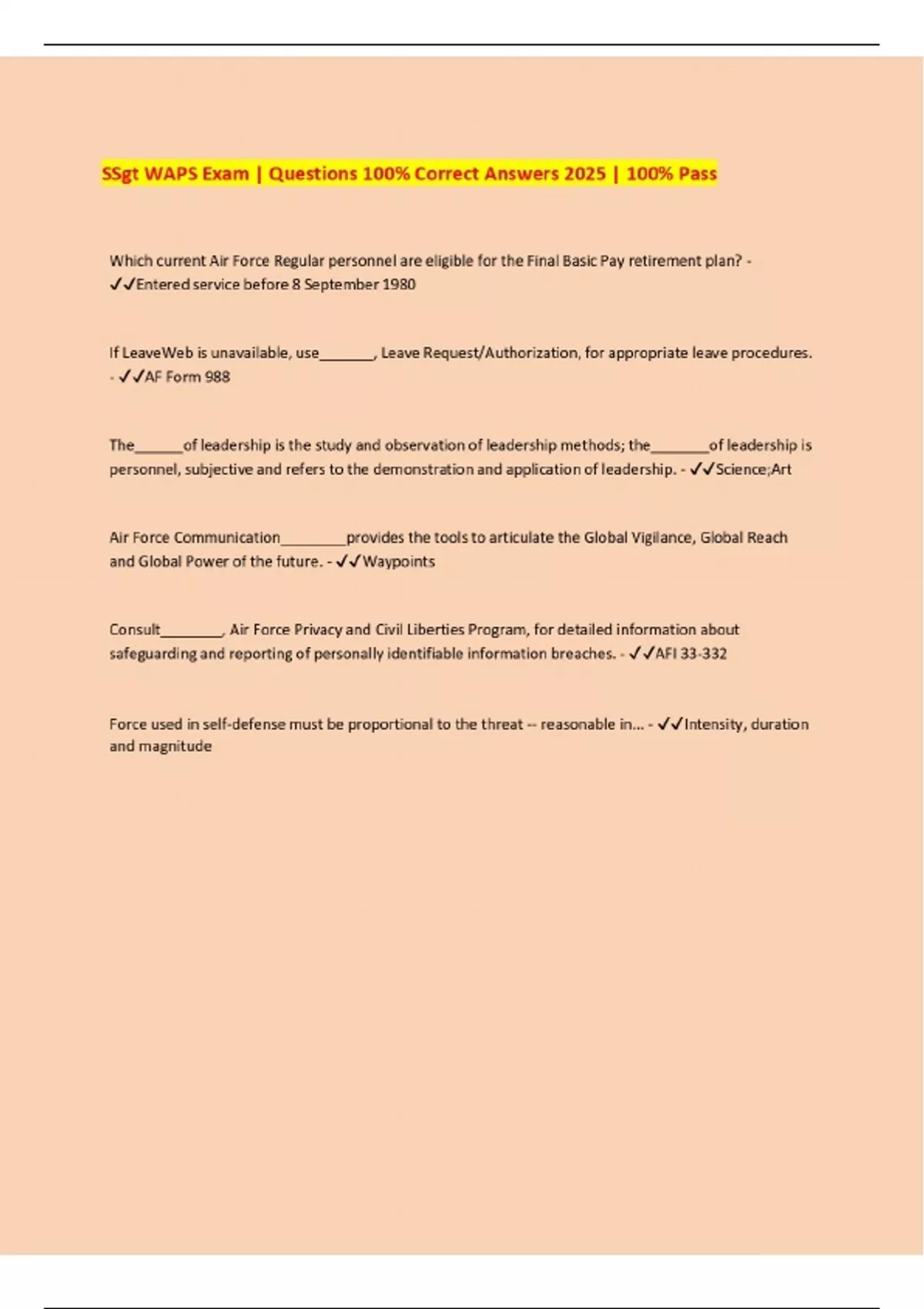 SSgt WAPS Exam | Questions 100% Correct Answers 2025 | 100% Pass - Top ...