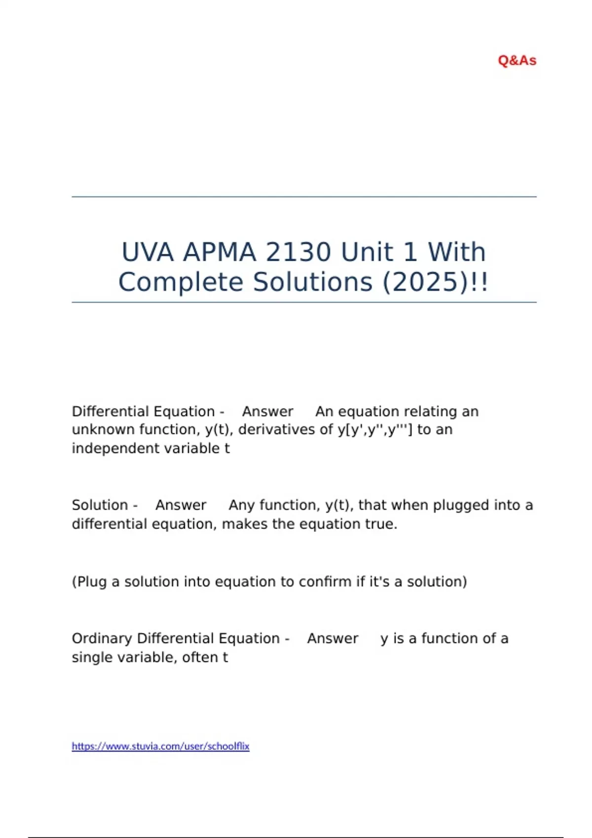 UVA APMA 2130 Unit 1 With Complete Solutions (2025)!! - APMA 2130 - Stuvia US
