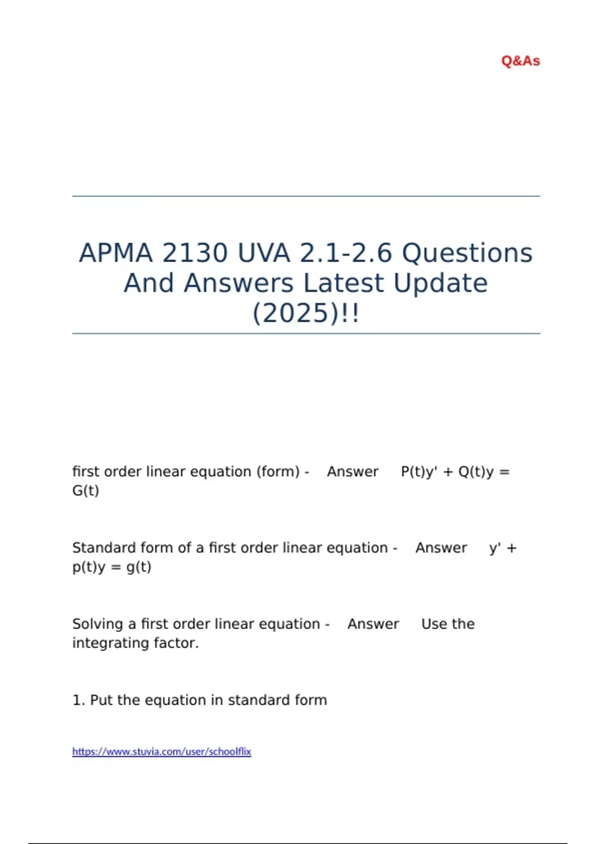 APMA 2130 UVA 2.1-2.6 Questions And Answers Latest Update (2025 ...