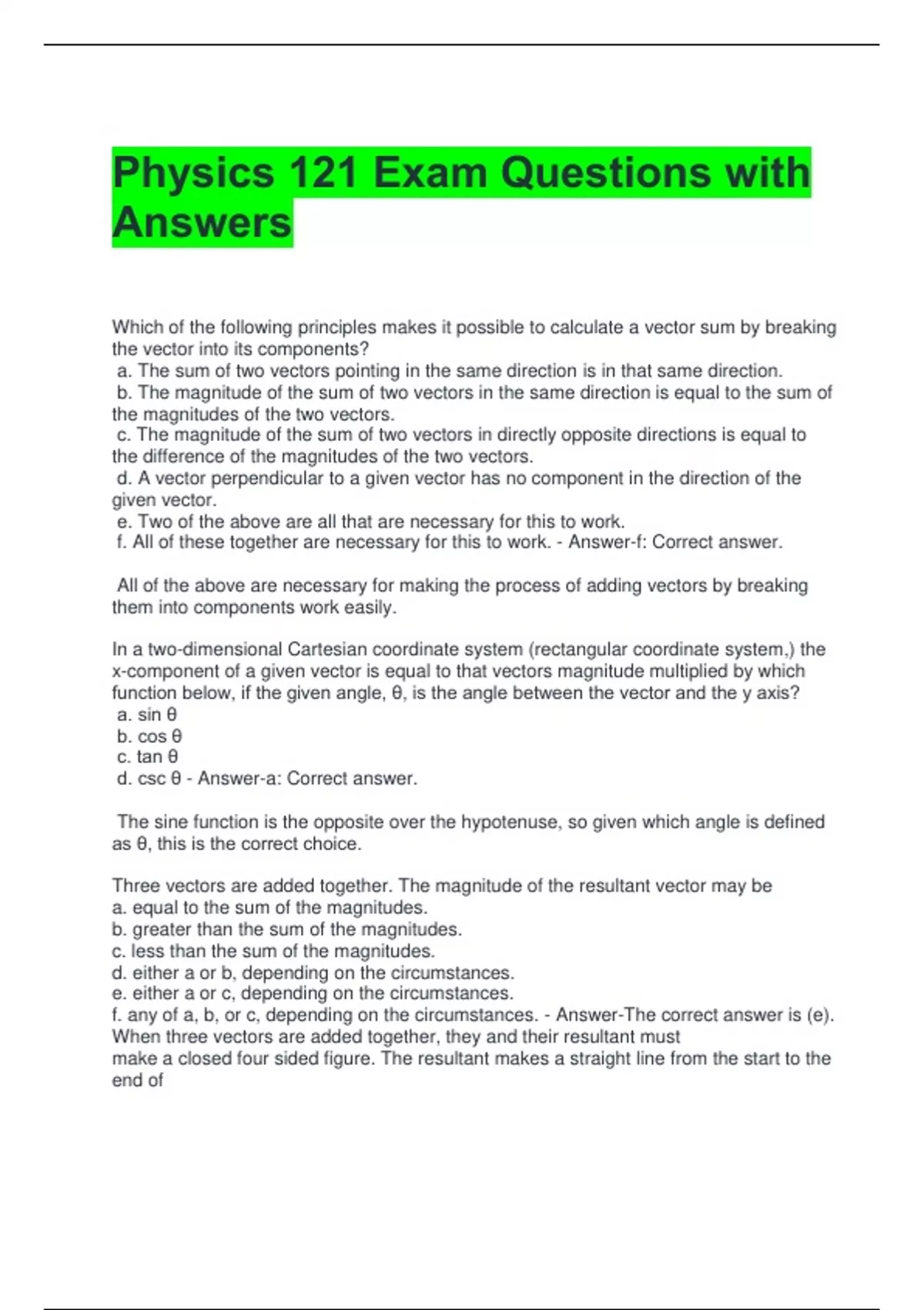 Physics 121 Exam Questions with Answers - Physics 121 - Stuvia US