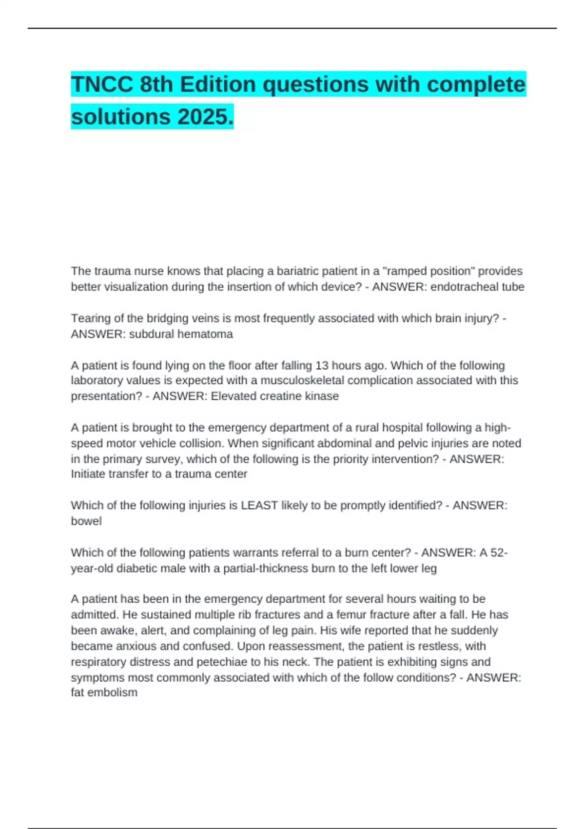 TNCC 8th Edition questions with complete solutions 2025 - TNCC - Stuvia US