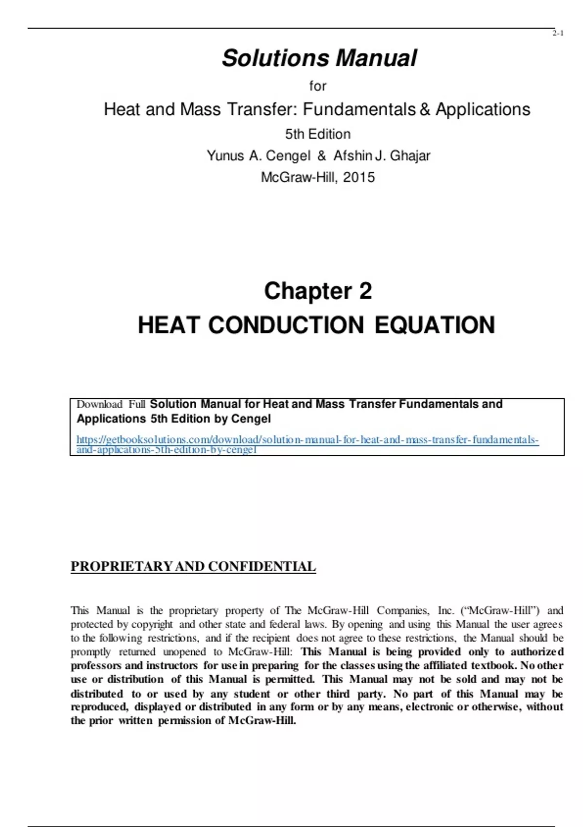 Solutions Manual for Heat and Mass Transfer: Fundamentals & Applications 5th Edition Yunus A ...