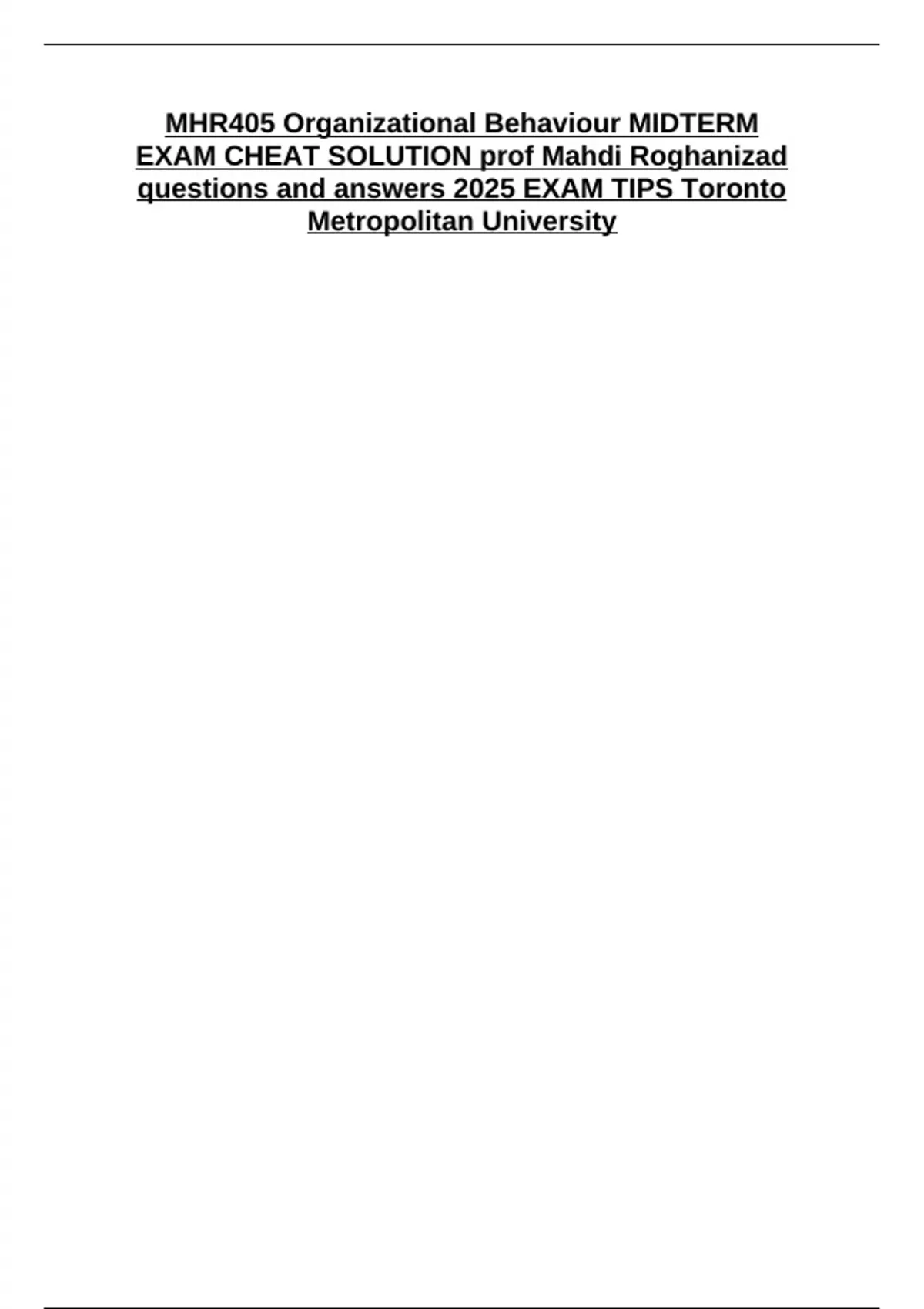 MHR405 Organizational Behaviour MIDTERM EXAM CHEAT SOLUTION prof Mahdi Roghanizad questions and ...