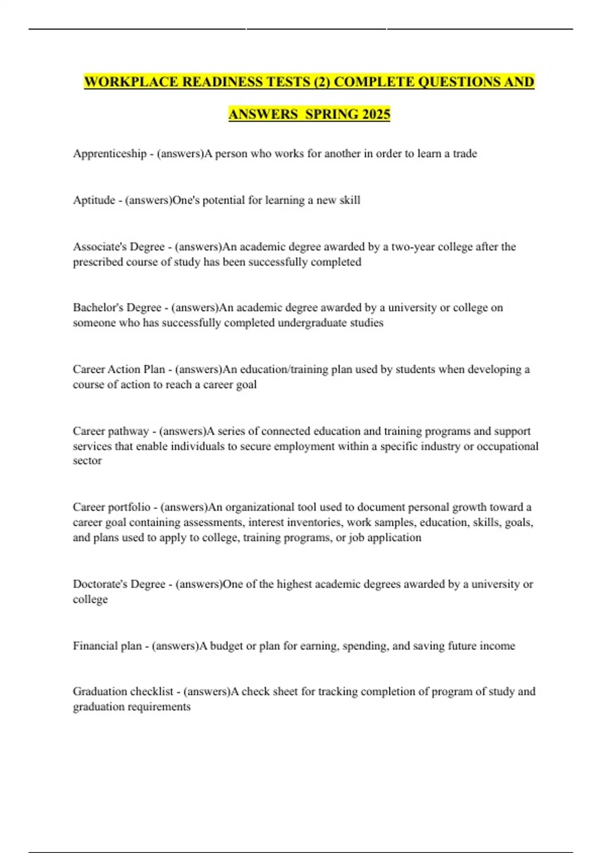 WORKPLACE READINESS TESTS (2) COMPLETE QUESTIONS AND ANSWERS_SPRING ...