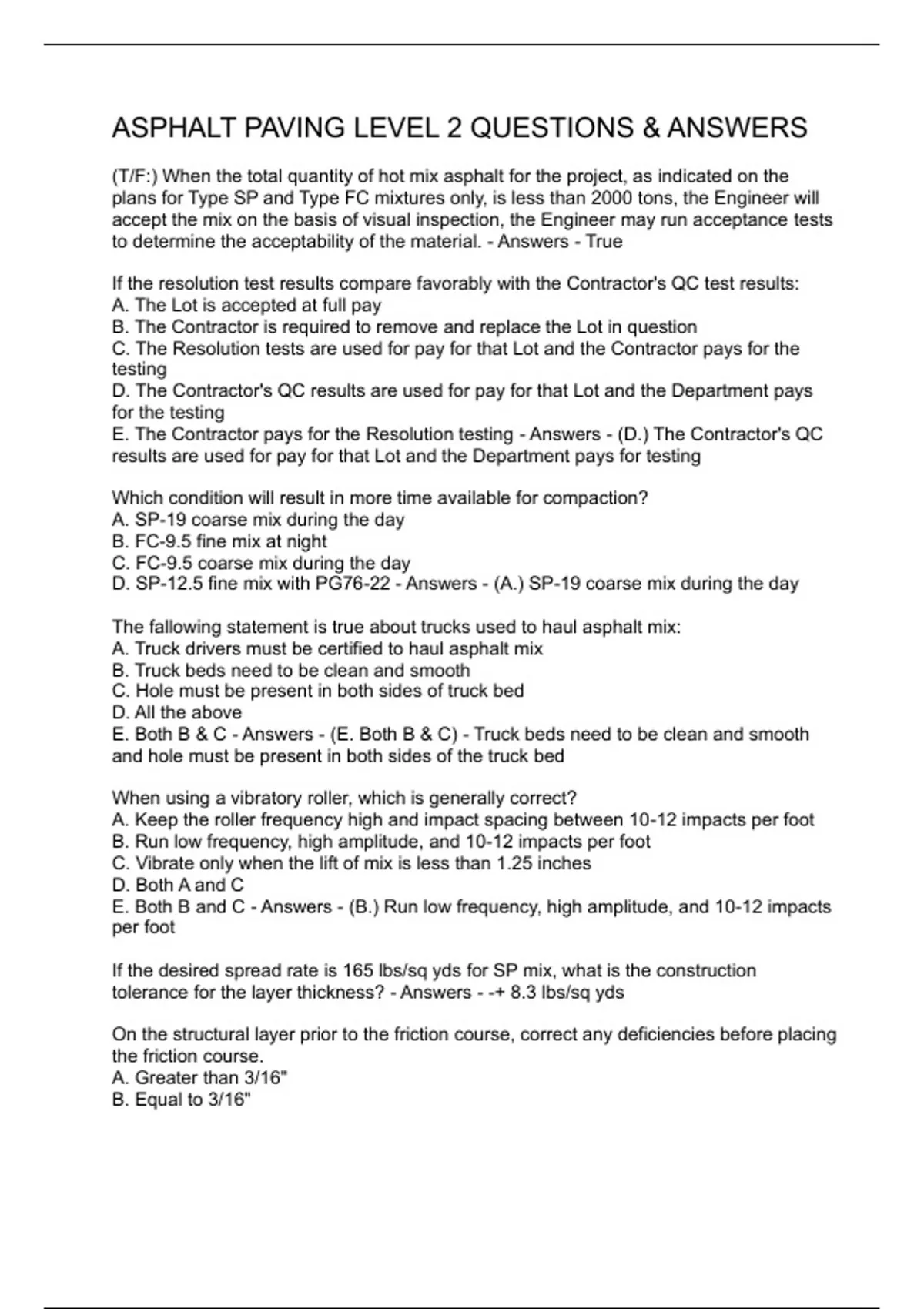 ASPHALT PAVING LEVEL 2 QUESTIONS & ANSWERS - ASPHALT - Stuvia US